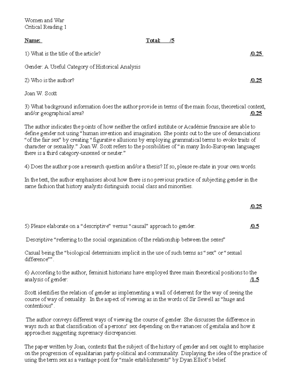 Critical reading assignment 1 - Women and War Critical Reading 1 Name ...