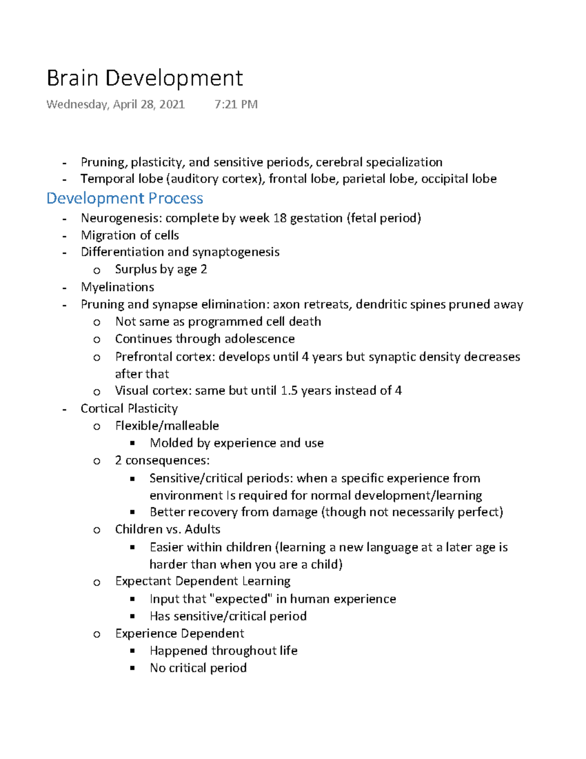 Brain Development - Ganger - Pruning, plasticity, and sensitive periods ...