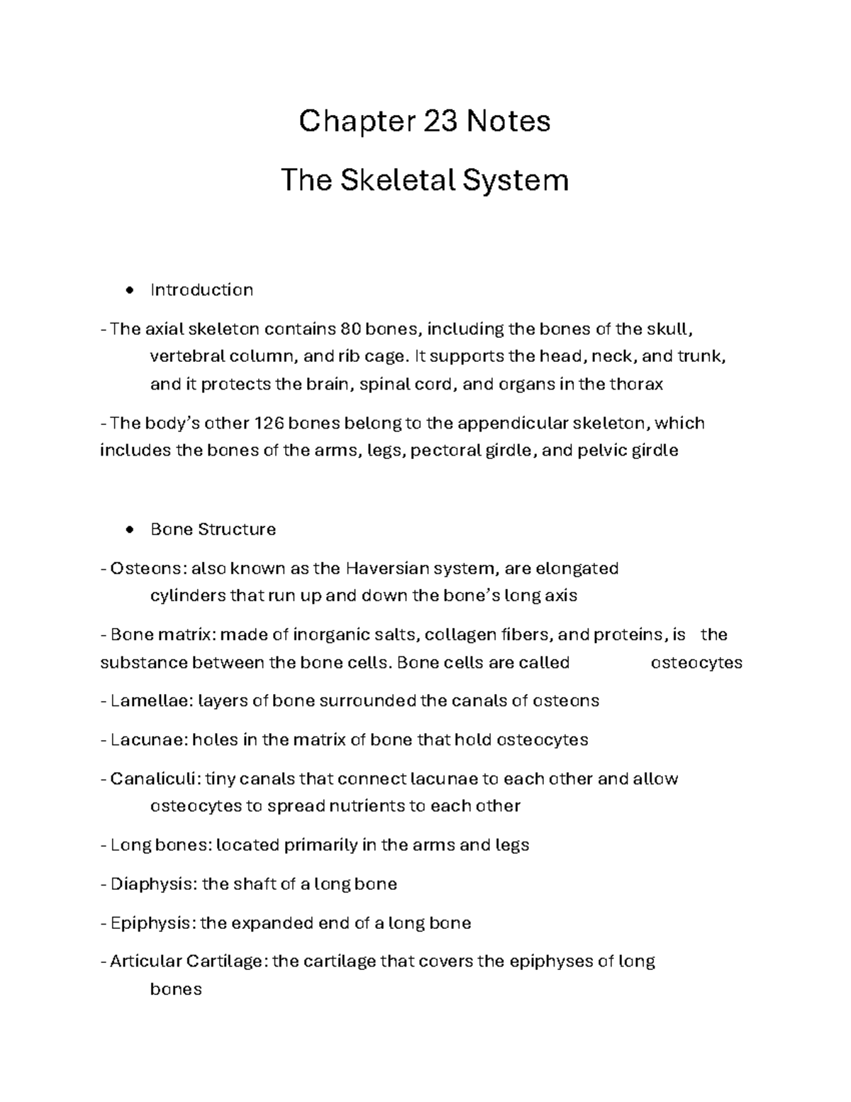 Chapter 23 Notes - Chapter 23 Notes The Skeletal System Introduction ...