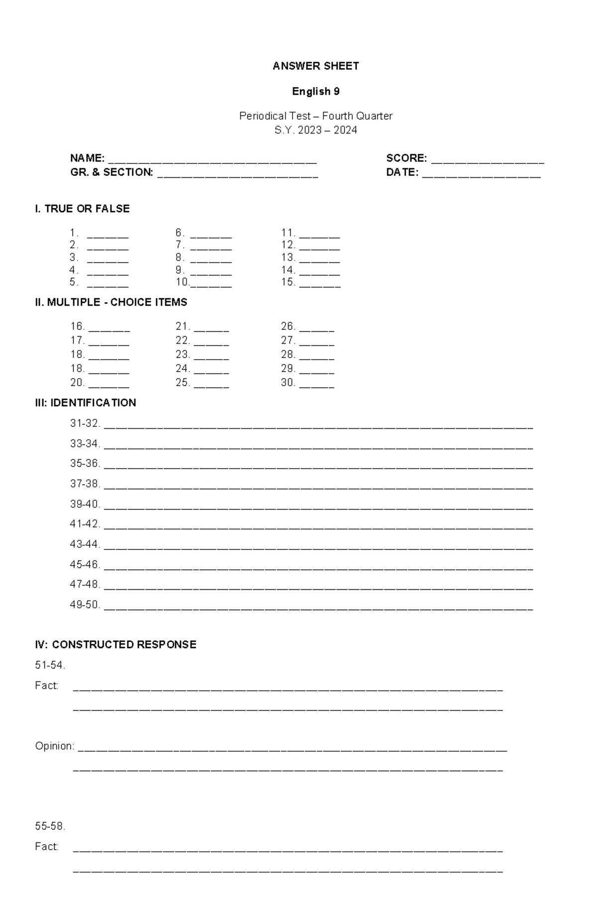 English Answer Sheet for periodical exam - ANSWER SHEET English 9 ...