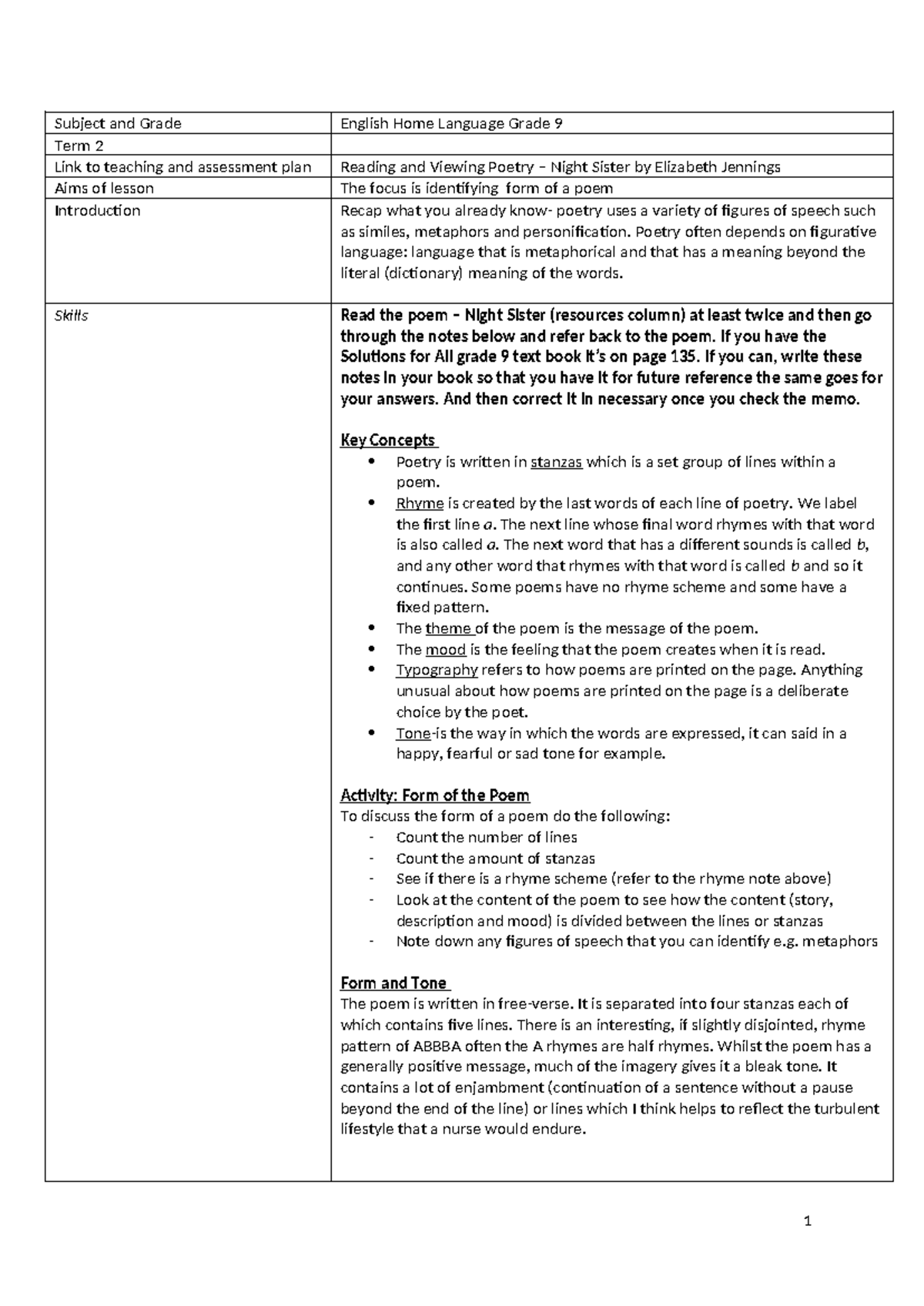 GR9- Lesson-POEM for first year students doing English - Subject and ...
