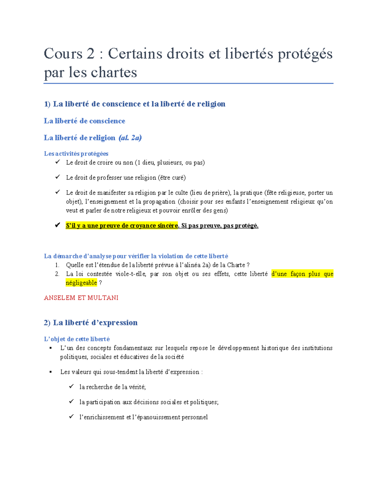 Cours 2 Ingrid Roy - Cours 2 : Certains droits et libertés protégés par ...