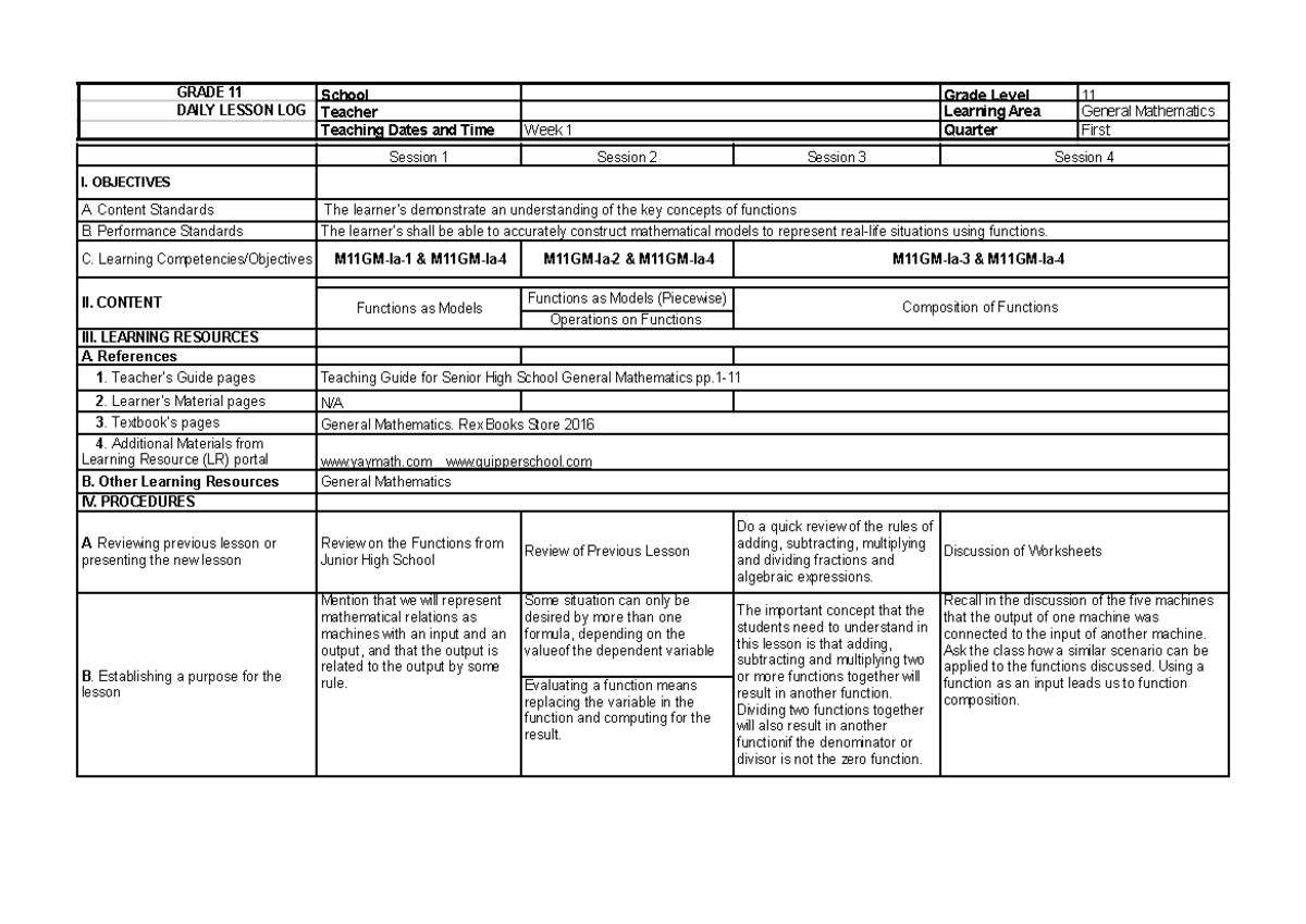 General Math DLL for SHS - Q1, Week 01 - GRADE 11 School Grade Level 11 ...