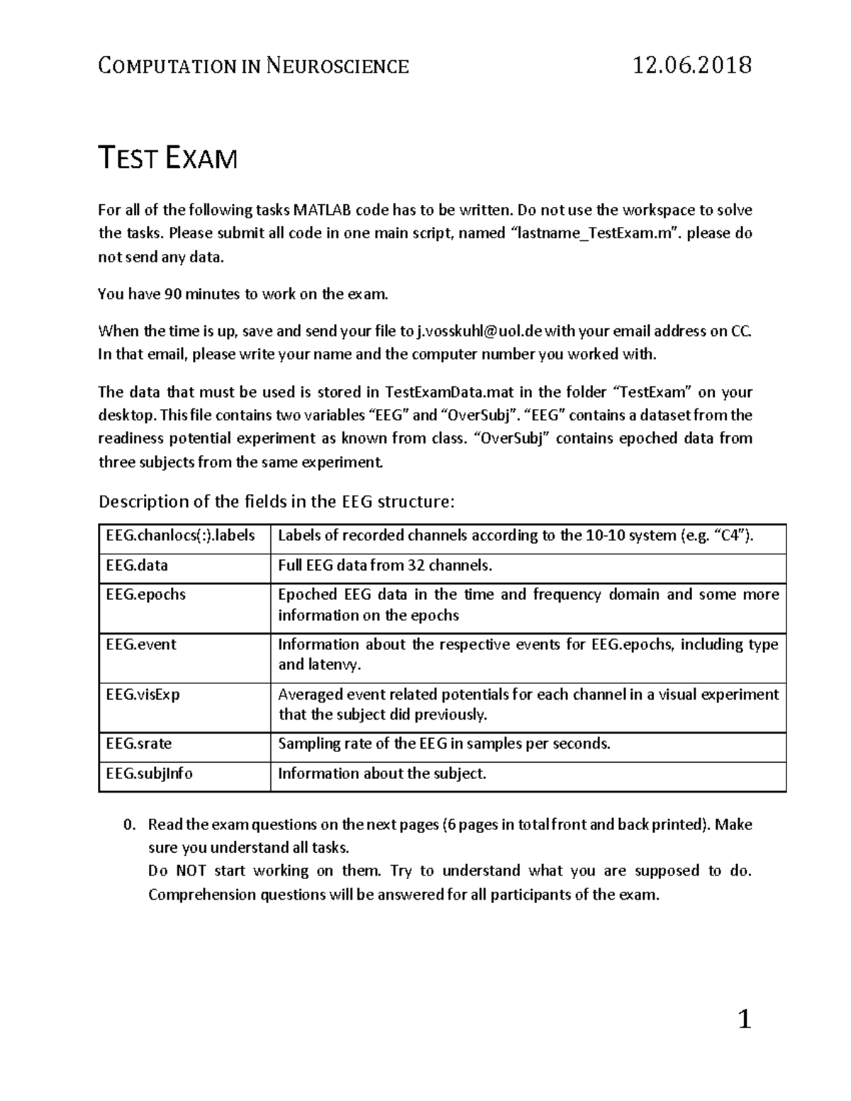 Test Exam From 2018 COMPUTATION IN NEUROSCIENCE 12 06 TEST EXAM For