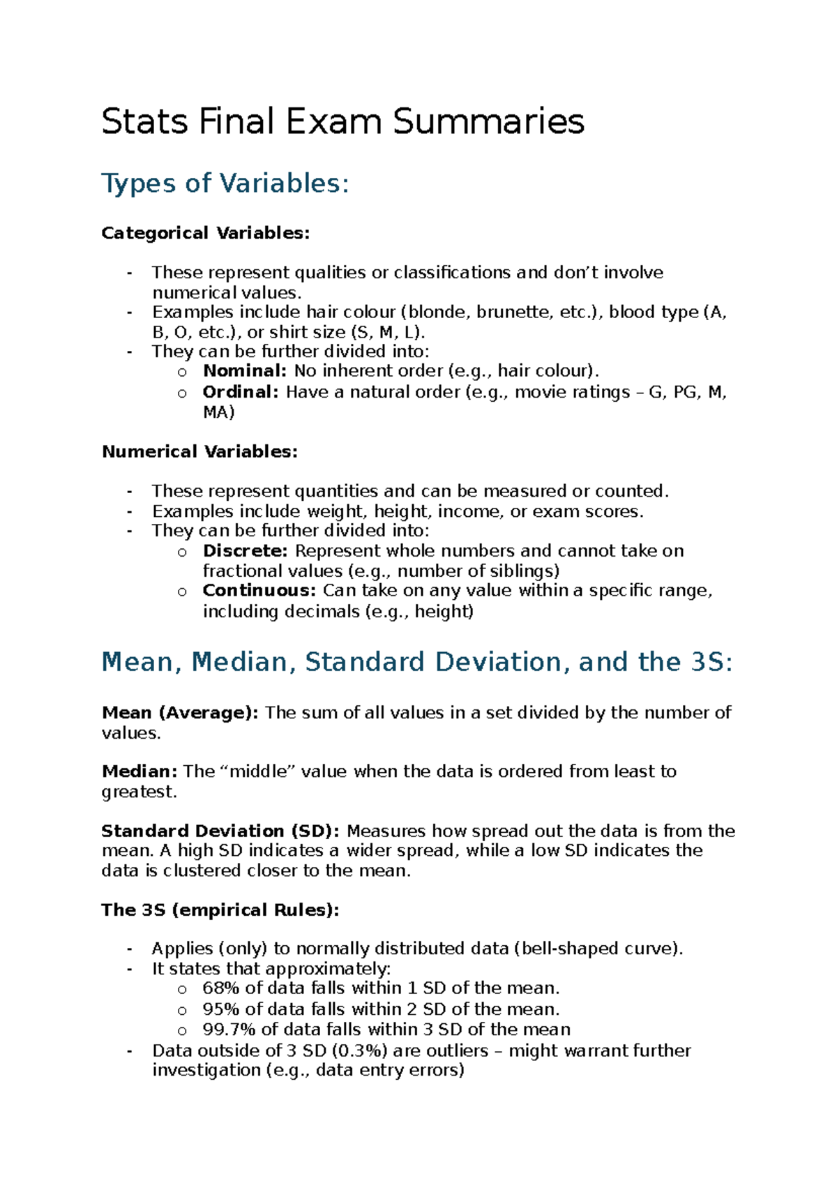 Stats Final Exam Summaries - Stats Final Exam Summaries Types of ...