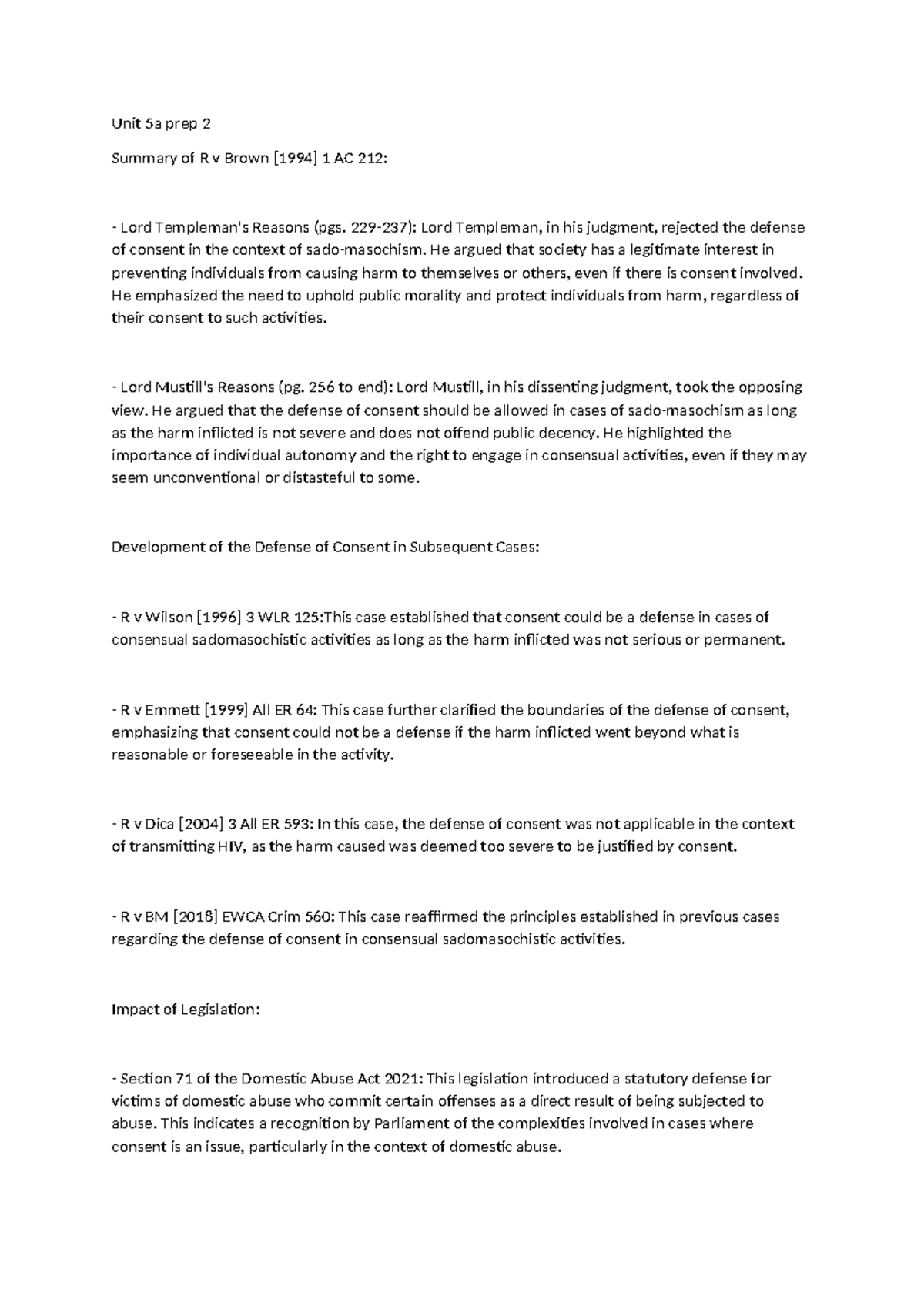 Unit 5a prep 2 - Unit 5a prep 2 - Unit 5a prep 2 Summary of R v Brown ...