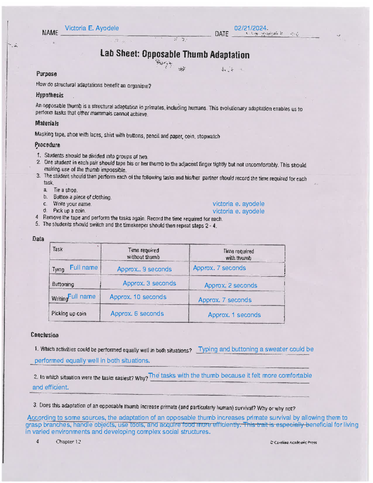 Opposable Thumb Adaptation Activity - Me —— > DAT E + er stint ¥ Lab Sh ...
