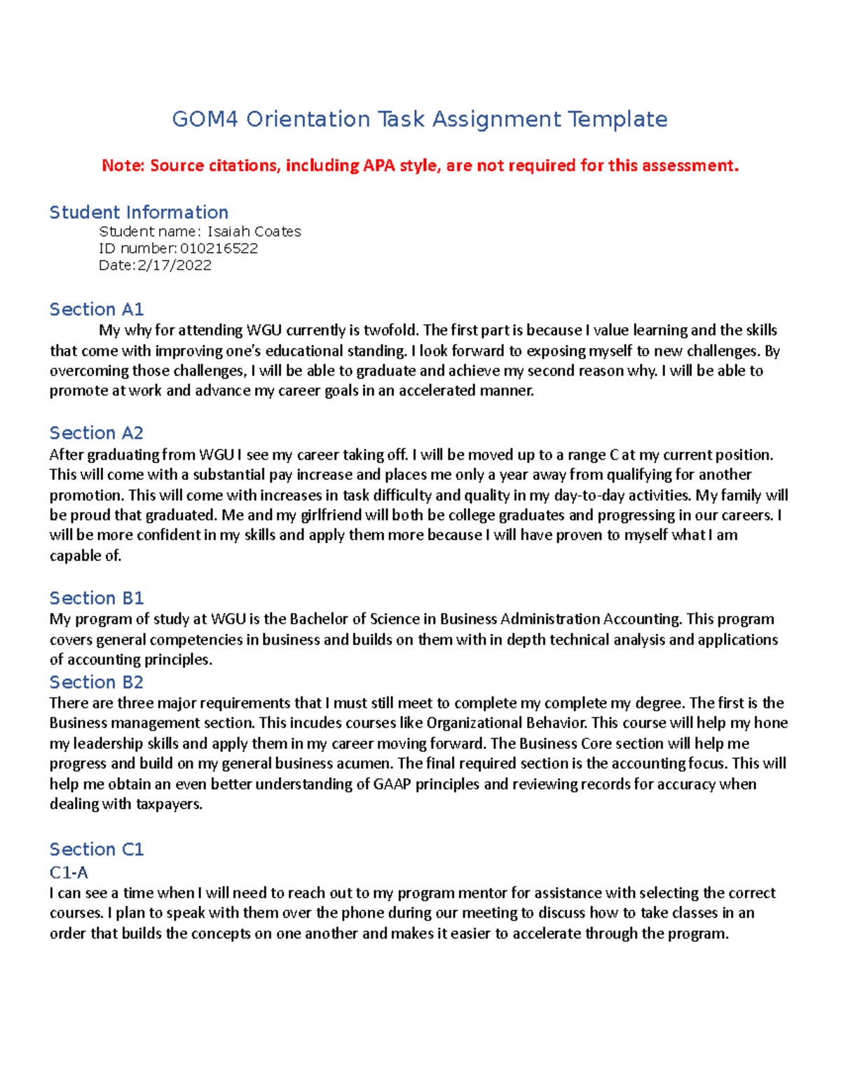 Orientation Task - Student Information Student name: Isaiah Coates ID ...