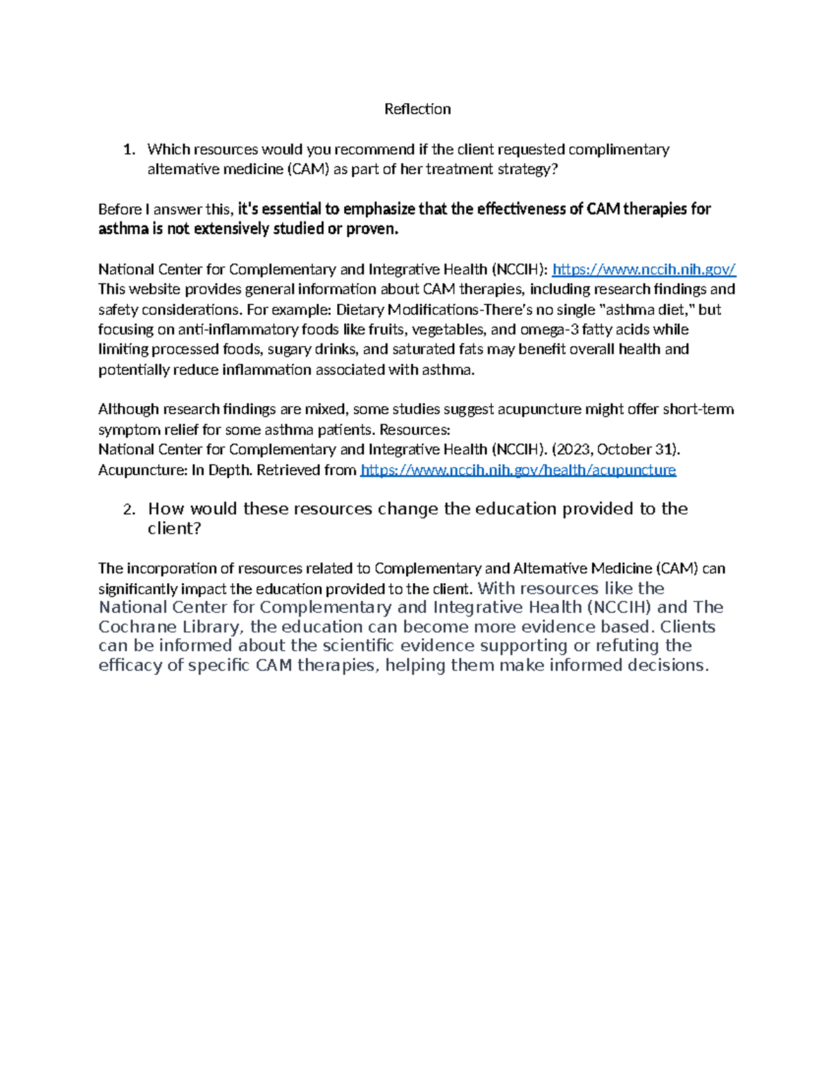 Reflection, Asthma management - Reflection Which resources would you ...