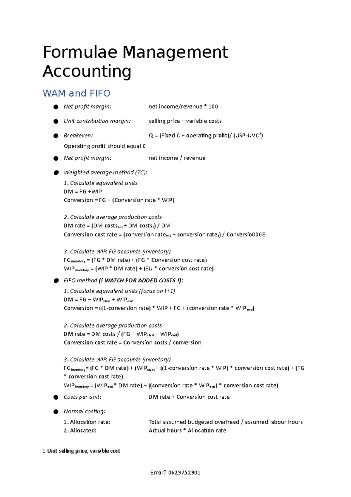 Formulas Management Accounting - Formulae Management Accounting WAM and FIFO Net profit margin ...