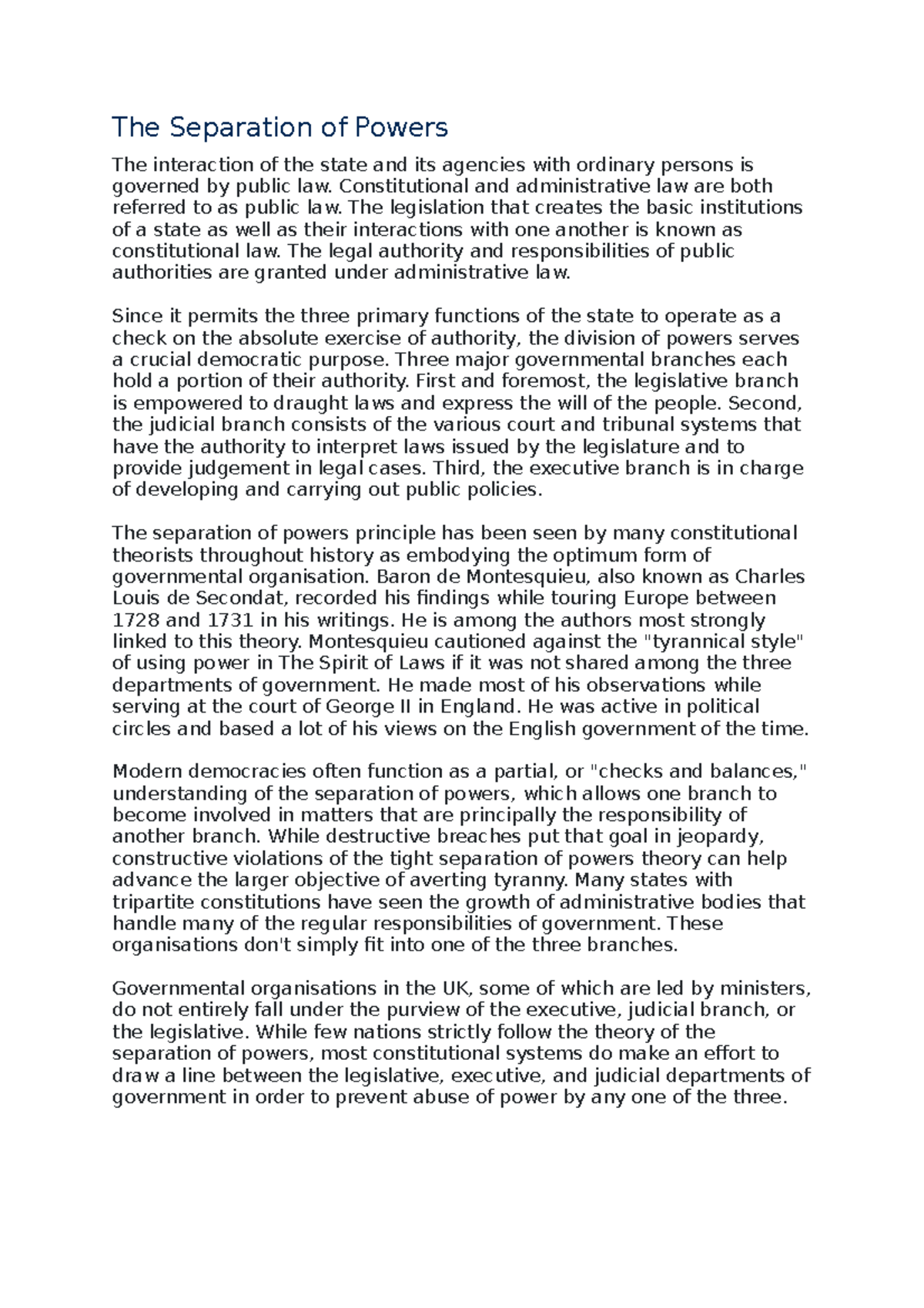 Seperation of power - The Separation of Powers The interaction of the ...