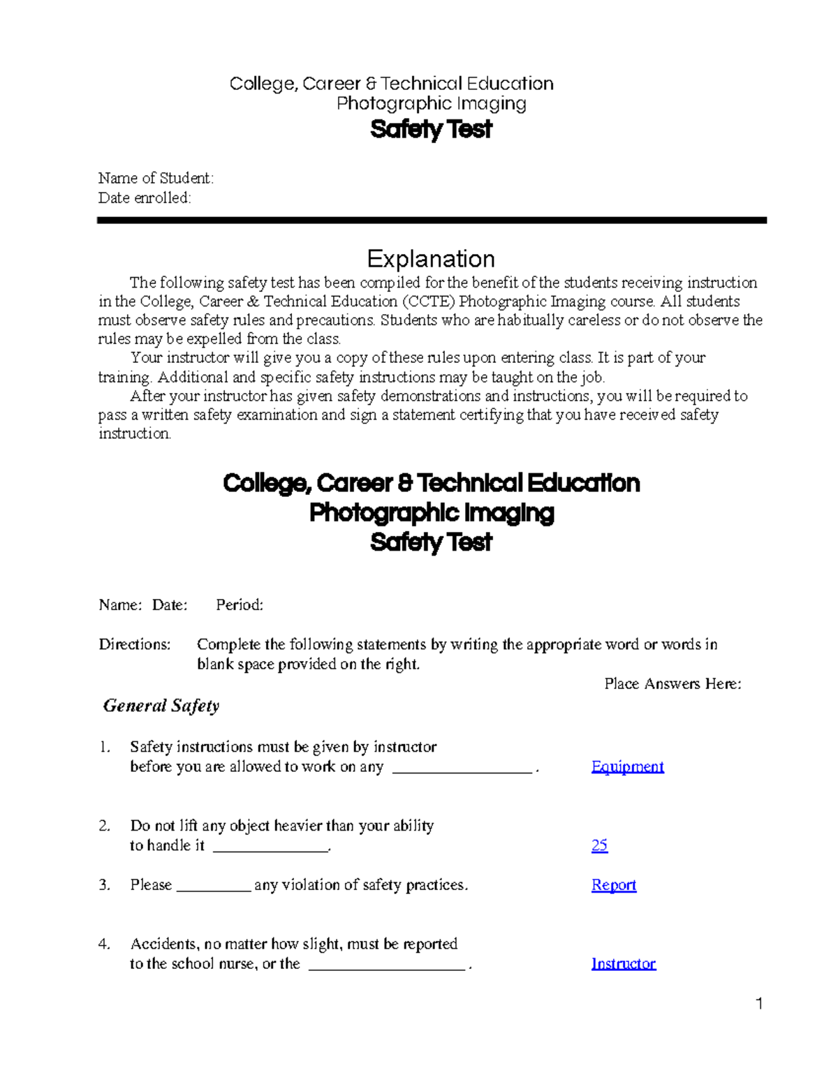 CTE - Photographic Imaging Safety Test - College, Career & Technical ...