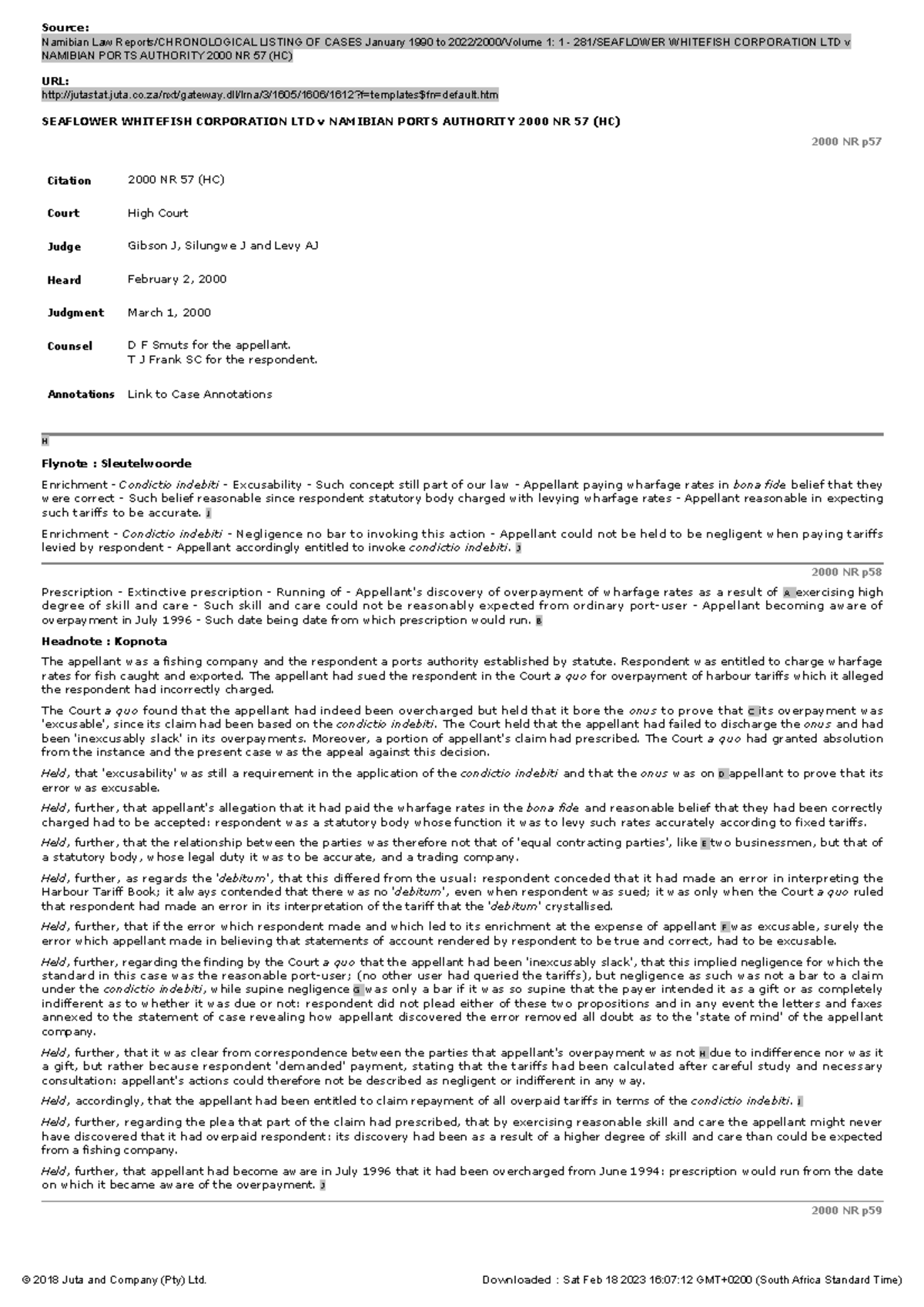 Seaflower Whitefish Corporation LTD v Namibian Ports Authority 2000 NR ...