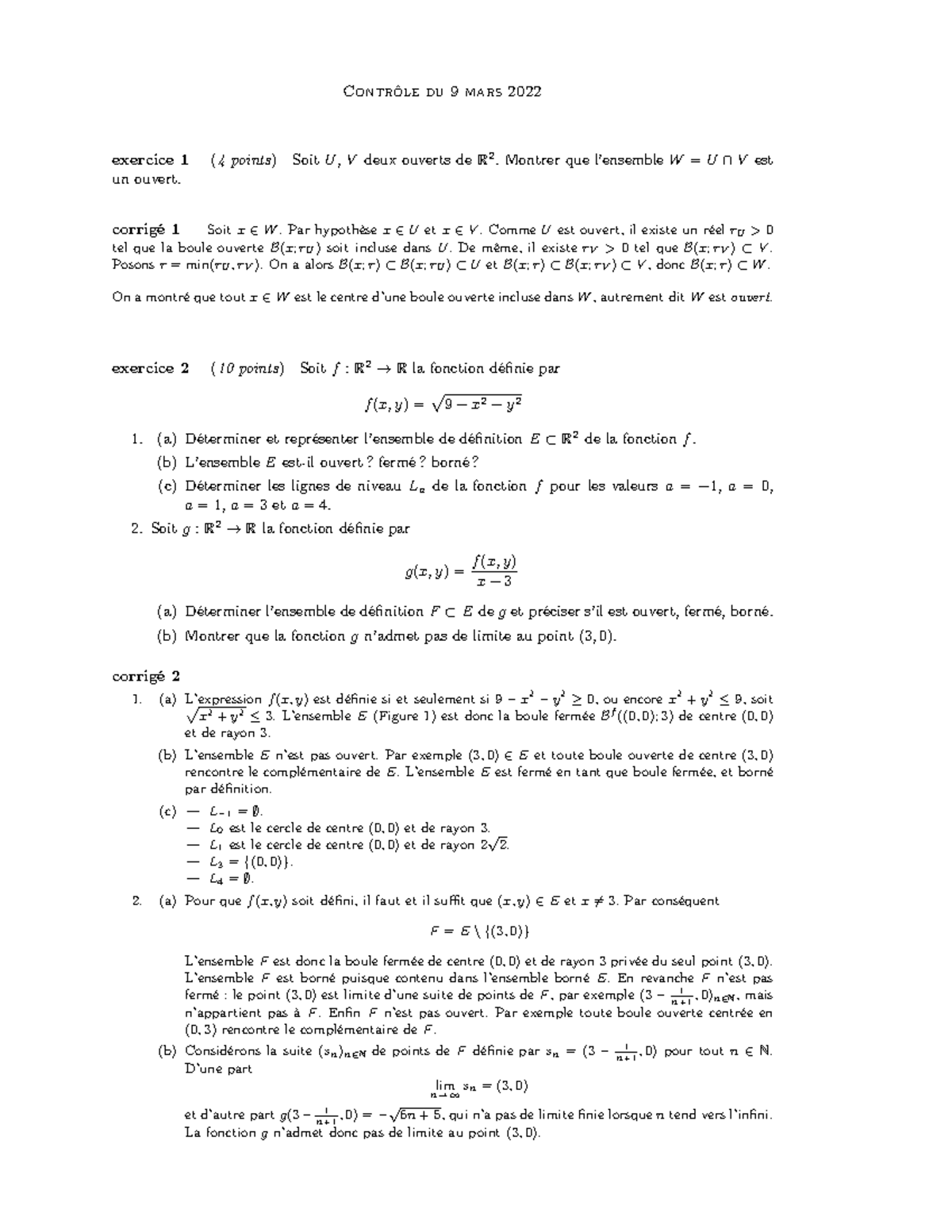 Corr cc1 - Corrigé d'un CC en maths analyse - Contrôle du 9 mars 2022 exercice 1 (4 points) Soit ...