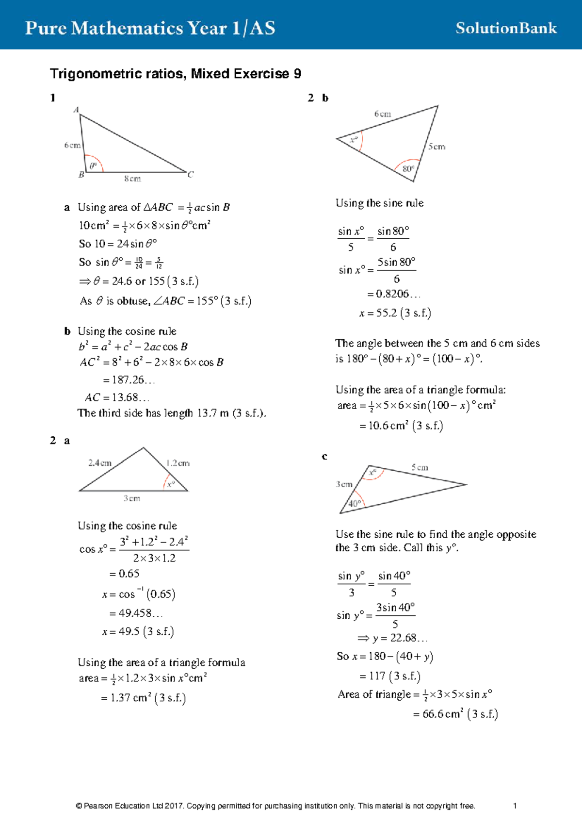 Alevelsb p1 ex9mix - yea - Trigonometric ratios, Mixed Exercise 9 1 a Using area of ∆ABC = 12 ac ...