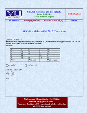 STA301-Mid term Solved MCQs With References - STA301- Statistics and Probability Solved MCQS ...
