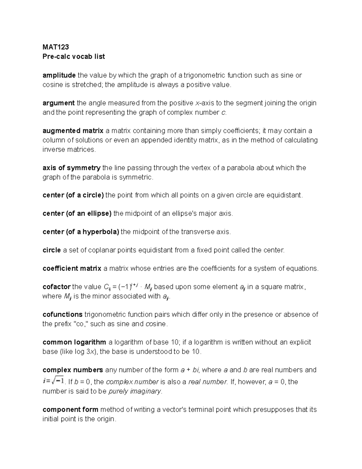 MAT123 Vocab Guide - MAT Pre-calc vocab list amplitude the value by ...