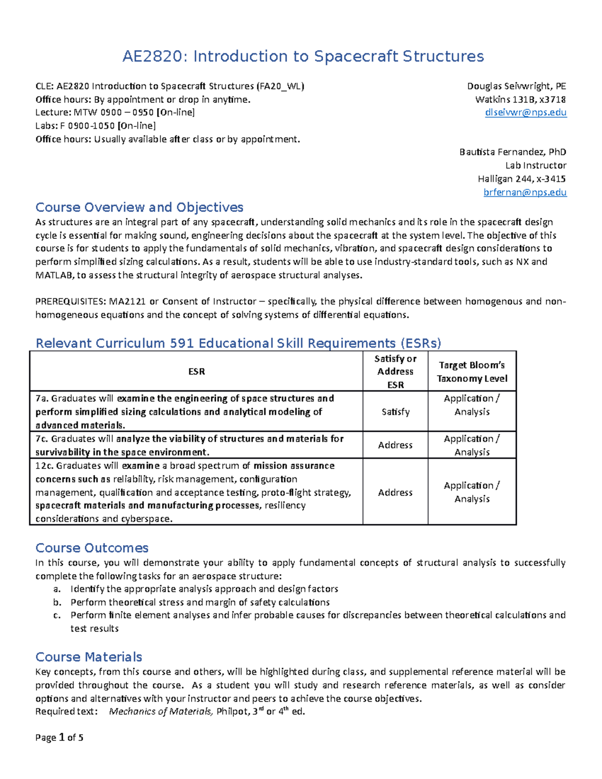 AE2820 AY21 Q1 Syllabus - AE2820: Introduction to Spacecraft Structures ...