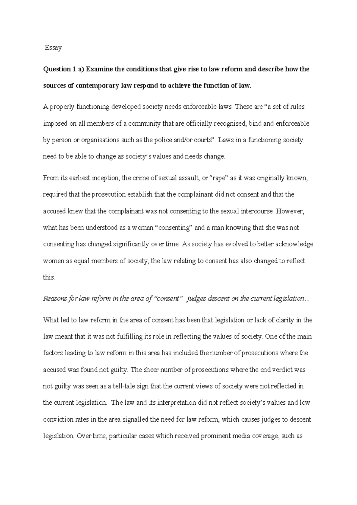 Legal Task 1 Law reform Consent - Essay Question 1 a) Examine the ...