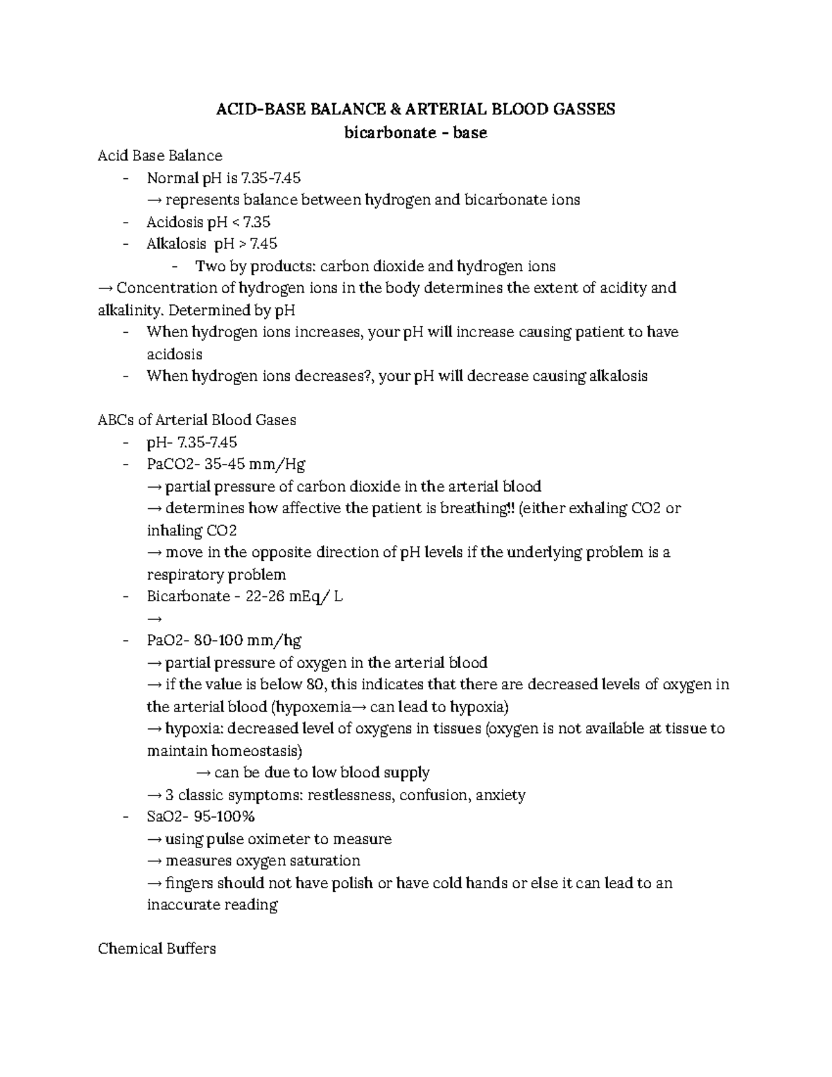 N271 1 24 - ABG lect notes - ACID-BASE BALANCE & ARTERIAL BLOOD GASSES ...