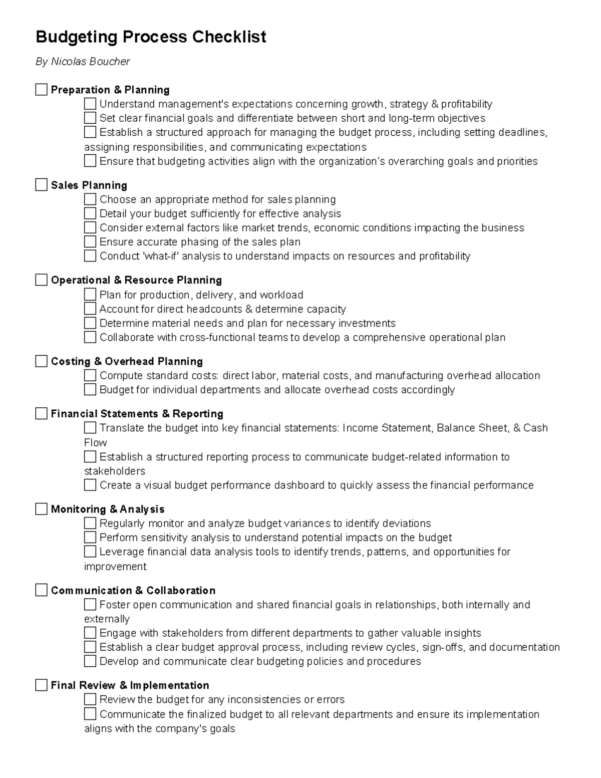 Budget - Comprehensive Notes - Budgeting Process Checklist By Nicolas ...