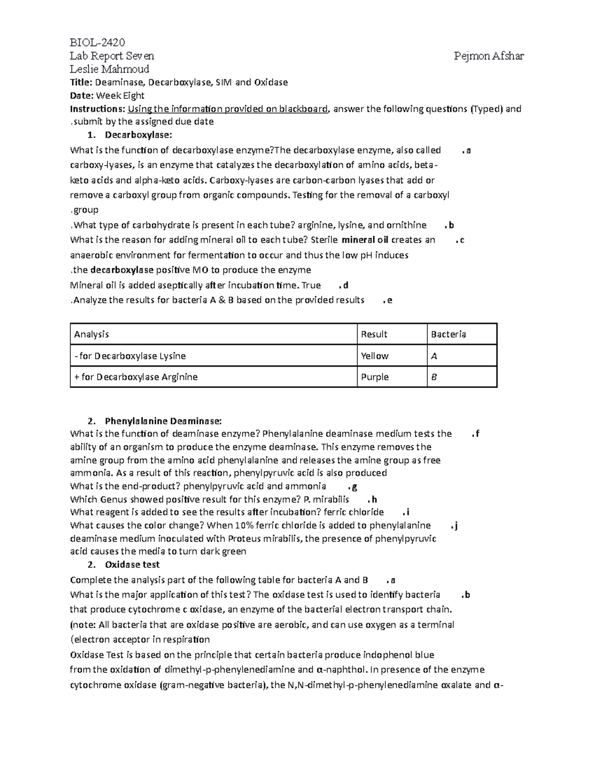 BIOL2420 Lab Report Seven - BIOL- Lab Report Seven Pejmon Afshar Leslie ...