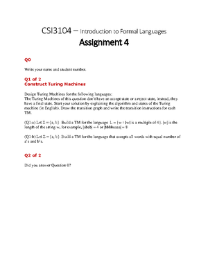 Assignment 1 - Solution - CSI3104 – Introduction to Formal Languages Assignment 1 Q0 of 7 Write ...