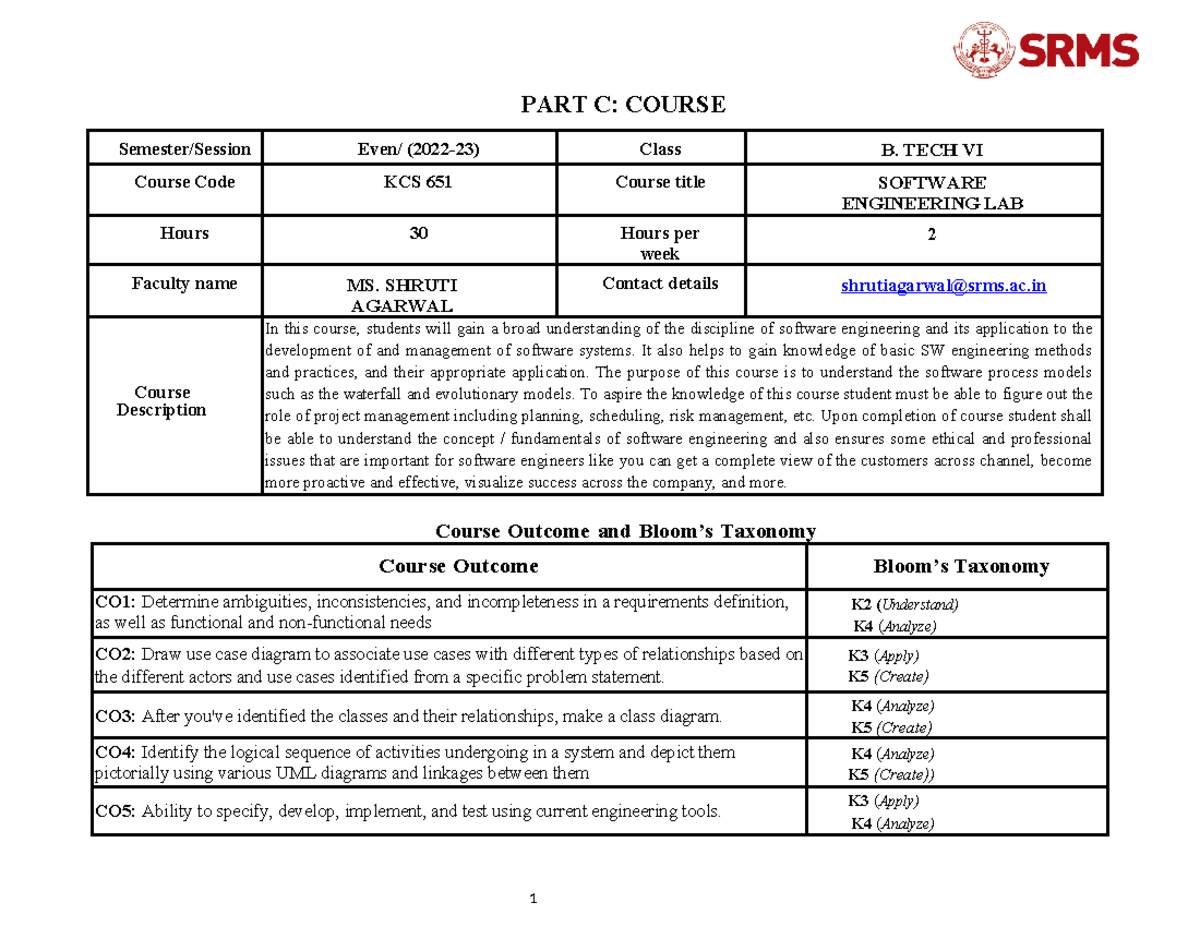 1 SE LAB - software engineering lab - PART C: COURSE Semester/Session ...