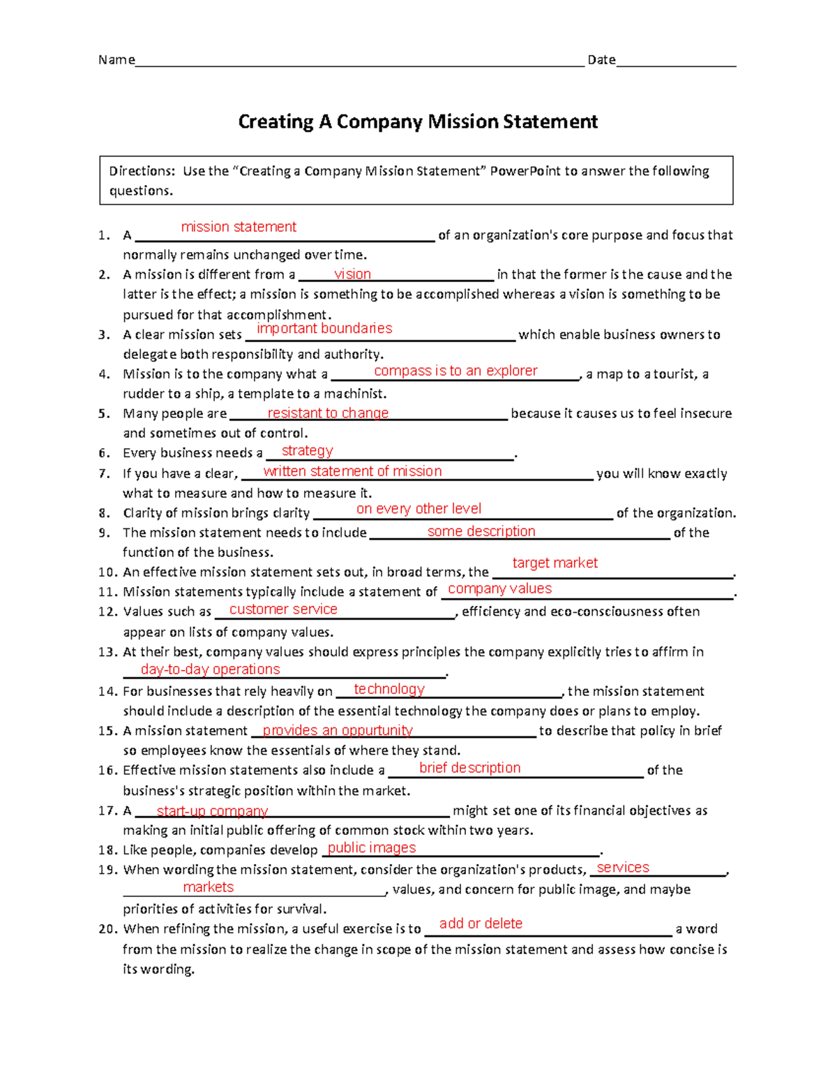 Kami Export - Creating A Company Mission Statement Worksheet - - Studocu