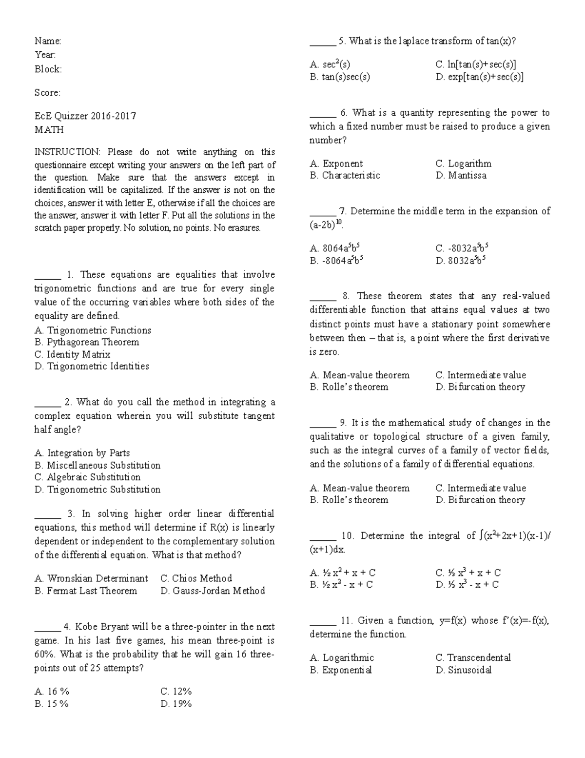 ECE Math Board Exam - mock exam - Name: Year: Block: Score: EcE Quizzer ...