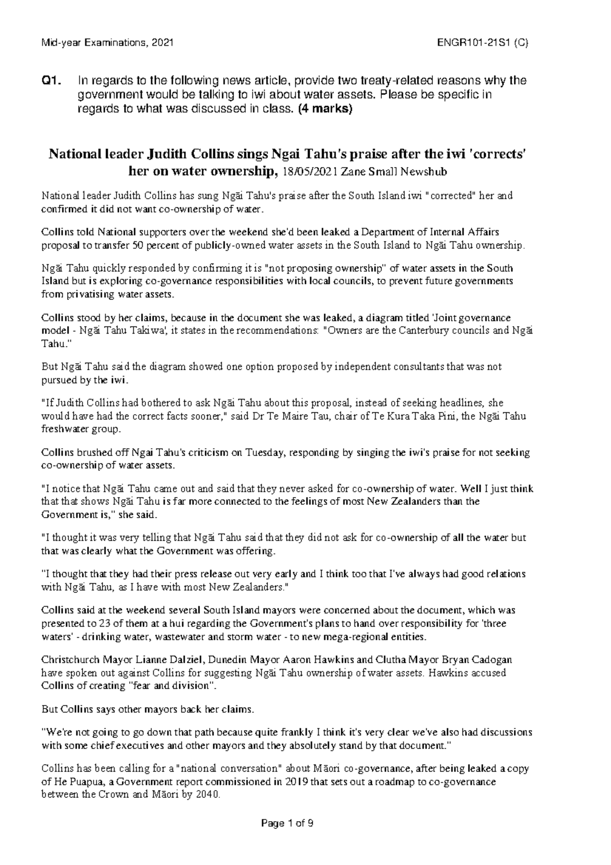 ENGR101 Exam 2021 + answers - Q1. In regards to the following news ...