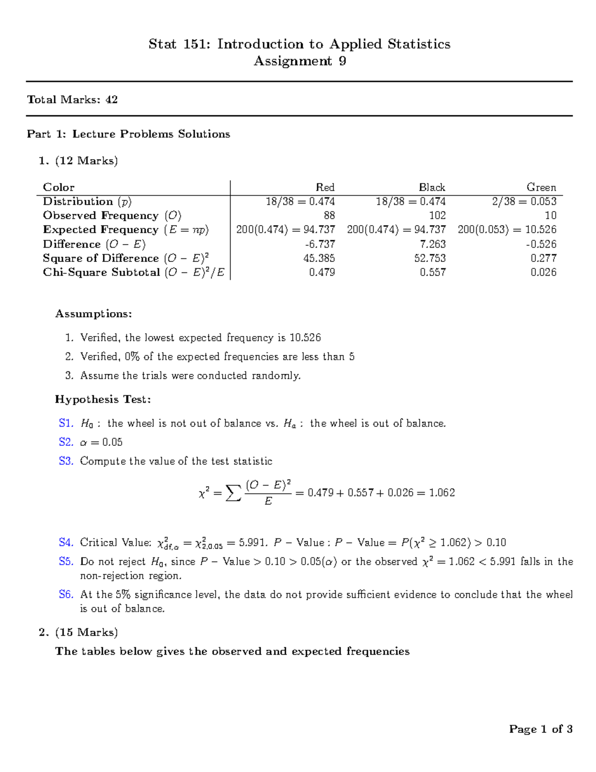 Stat151 Assignment 9 Solutions Stat 151 Introduction To Applied Statistics Assignment 9 Total