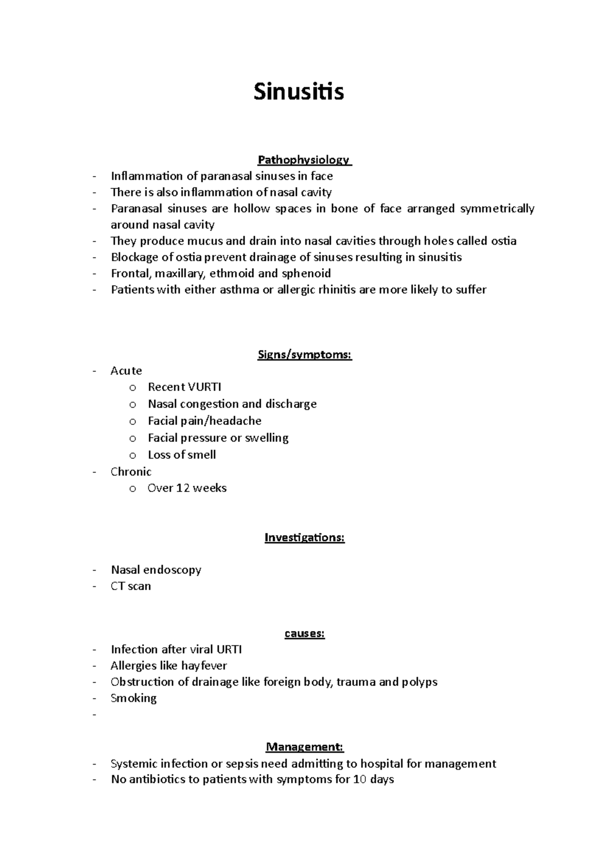 Sinusitis notes - Sinusitis Pathophysiology Inflammation of paranasal ...