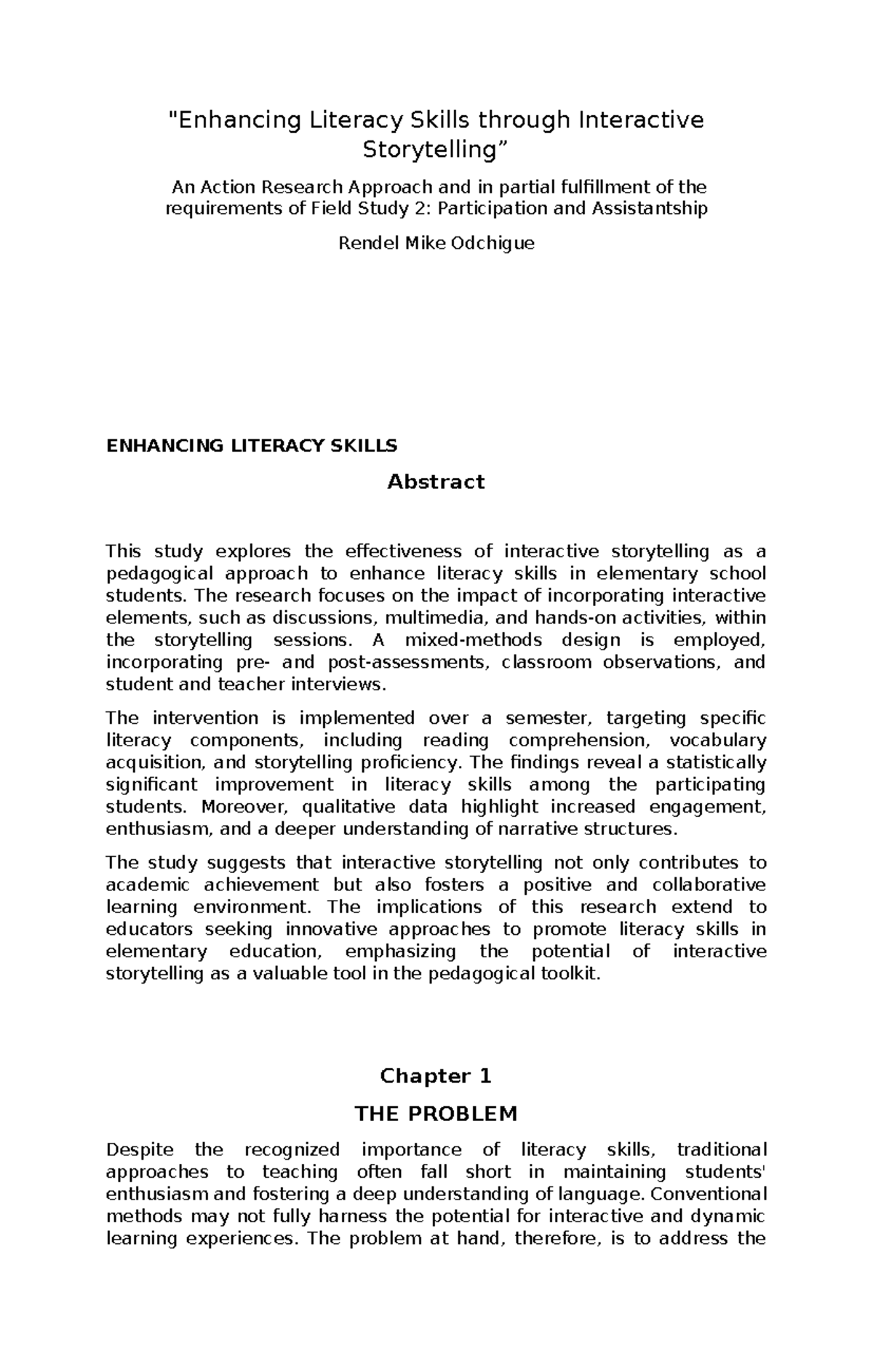 Enhancing Literacy Skills through Interactive Storytelling Action Research - "Enhancing - Studocu