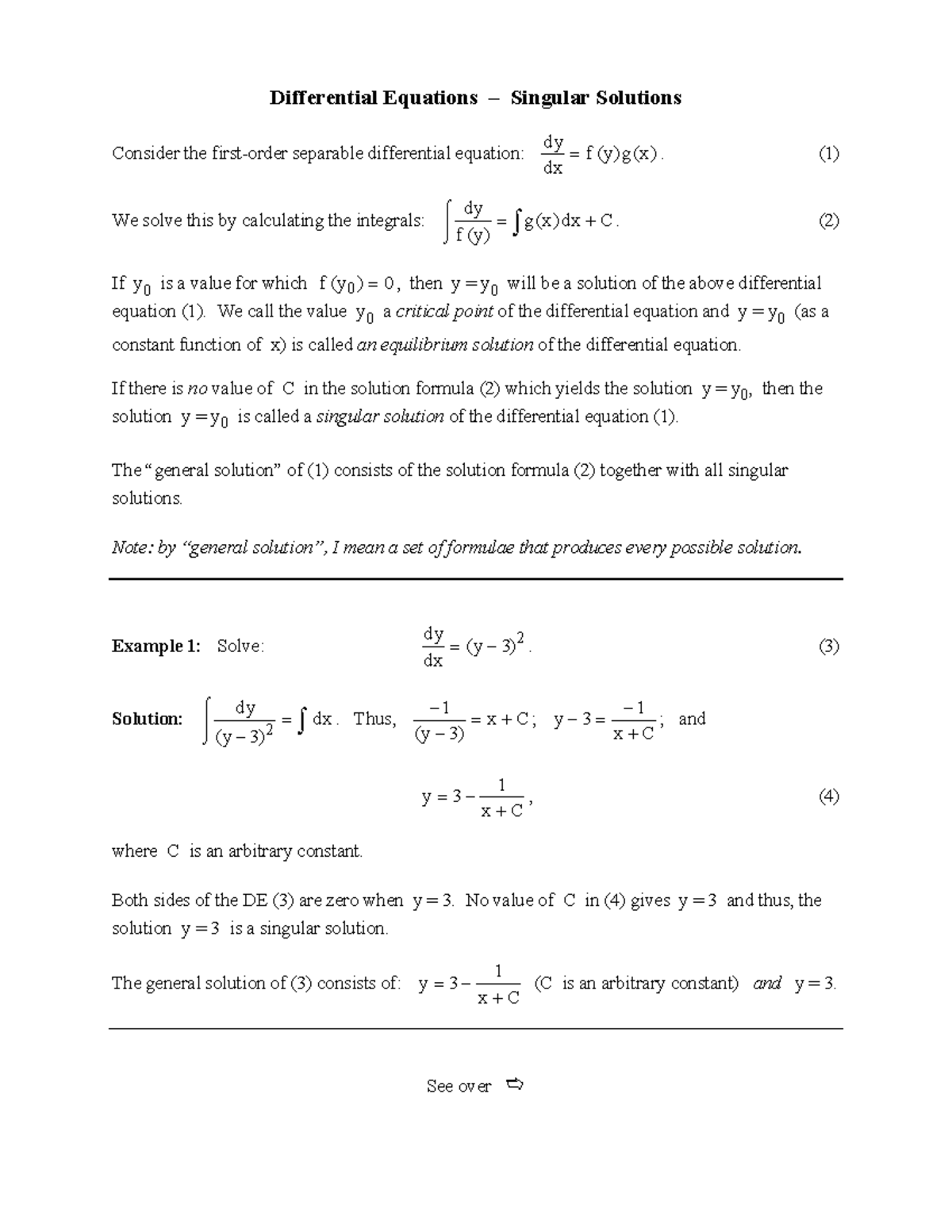 Singular Solutions - SUMMARY - Differential Equations ñ Singular ...