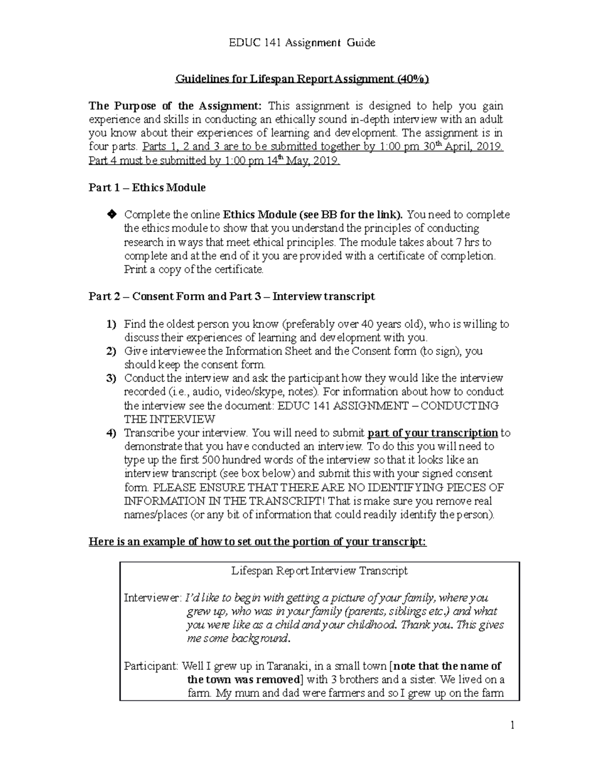 EDUC 141 Assignment Guide - 2019 - updated - Guidelines for Lifespan ...