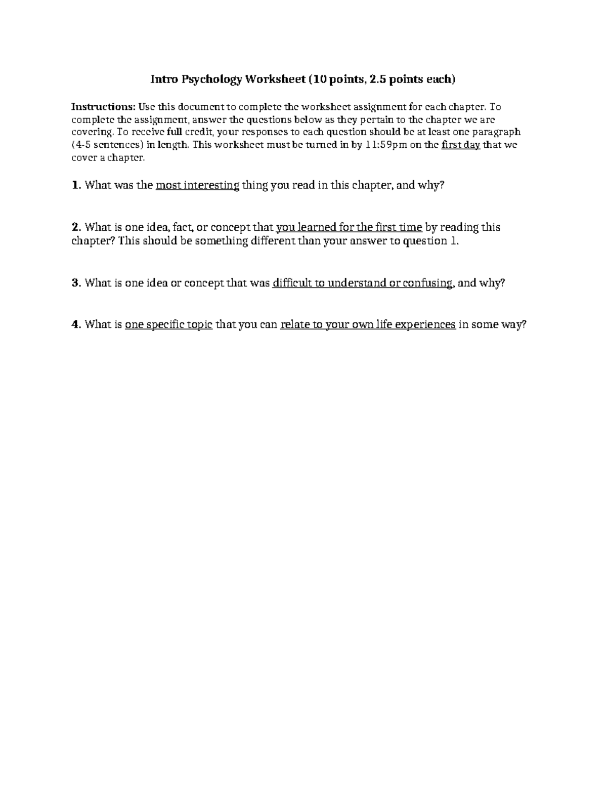Intro Psychology Worksheet - To complete the assignment, answer the ...