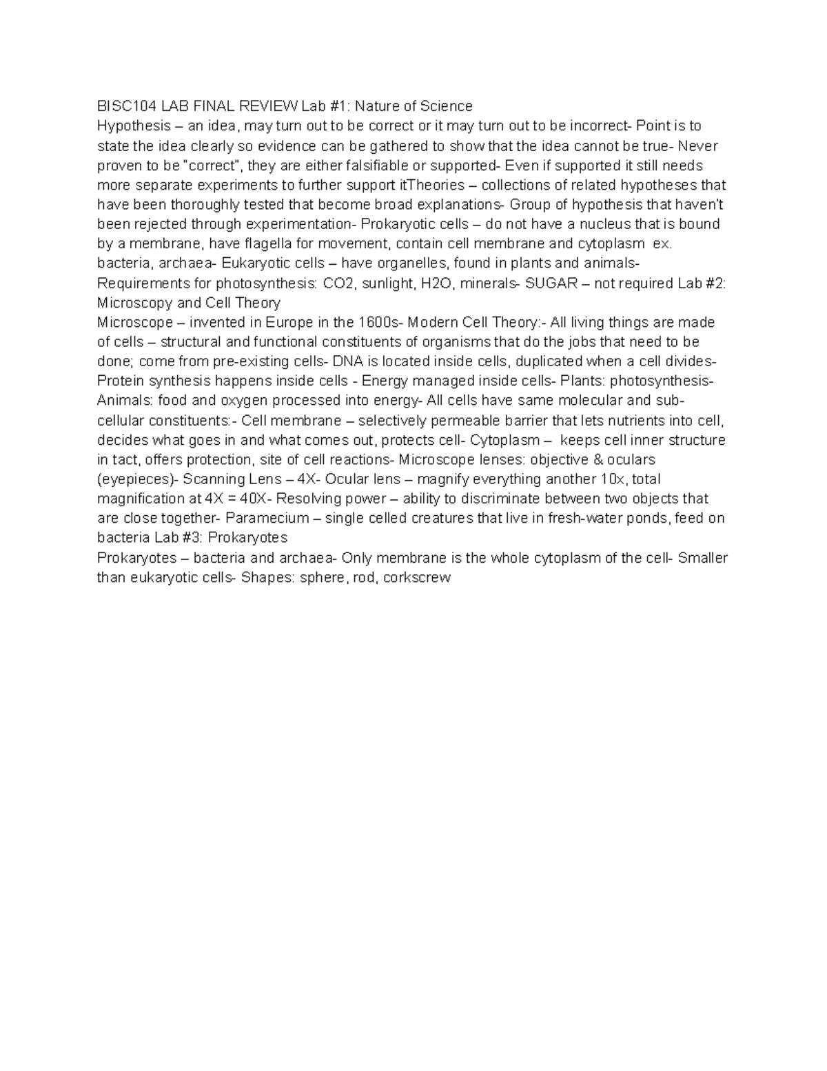 LAB Final - BISC104 LAB FINAL REVIEW Lab #1: Nature of Science ...