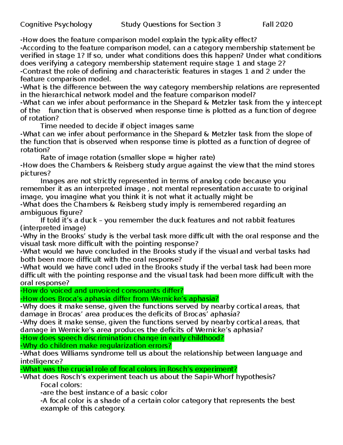Psych 2014 Study 3Fall2021 - Cognitive Psychology Study Questions for ...