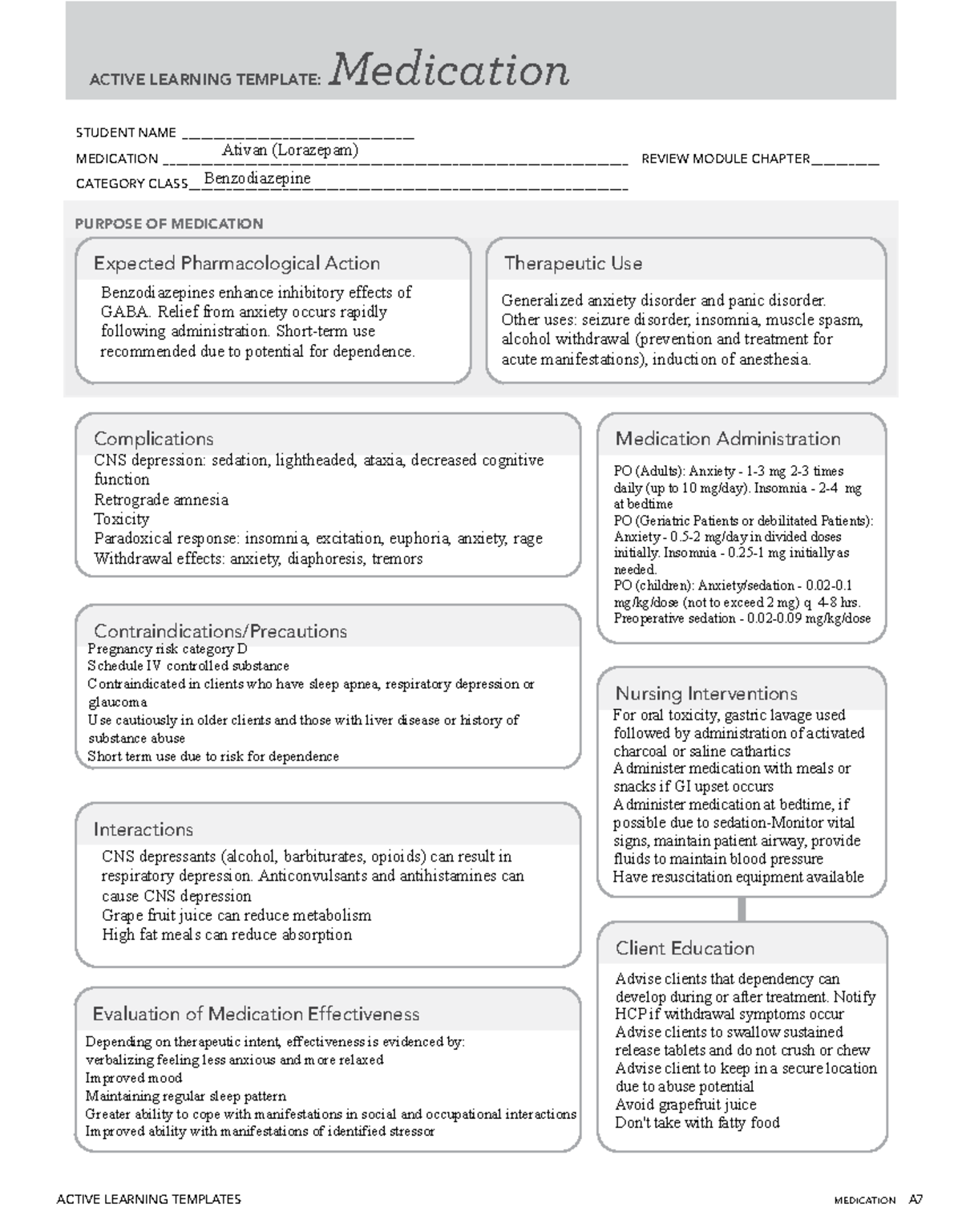 Ativan - n/a - ACTIVE LEARNING TEMPLATES MEDICATION A Medication ...