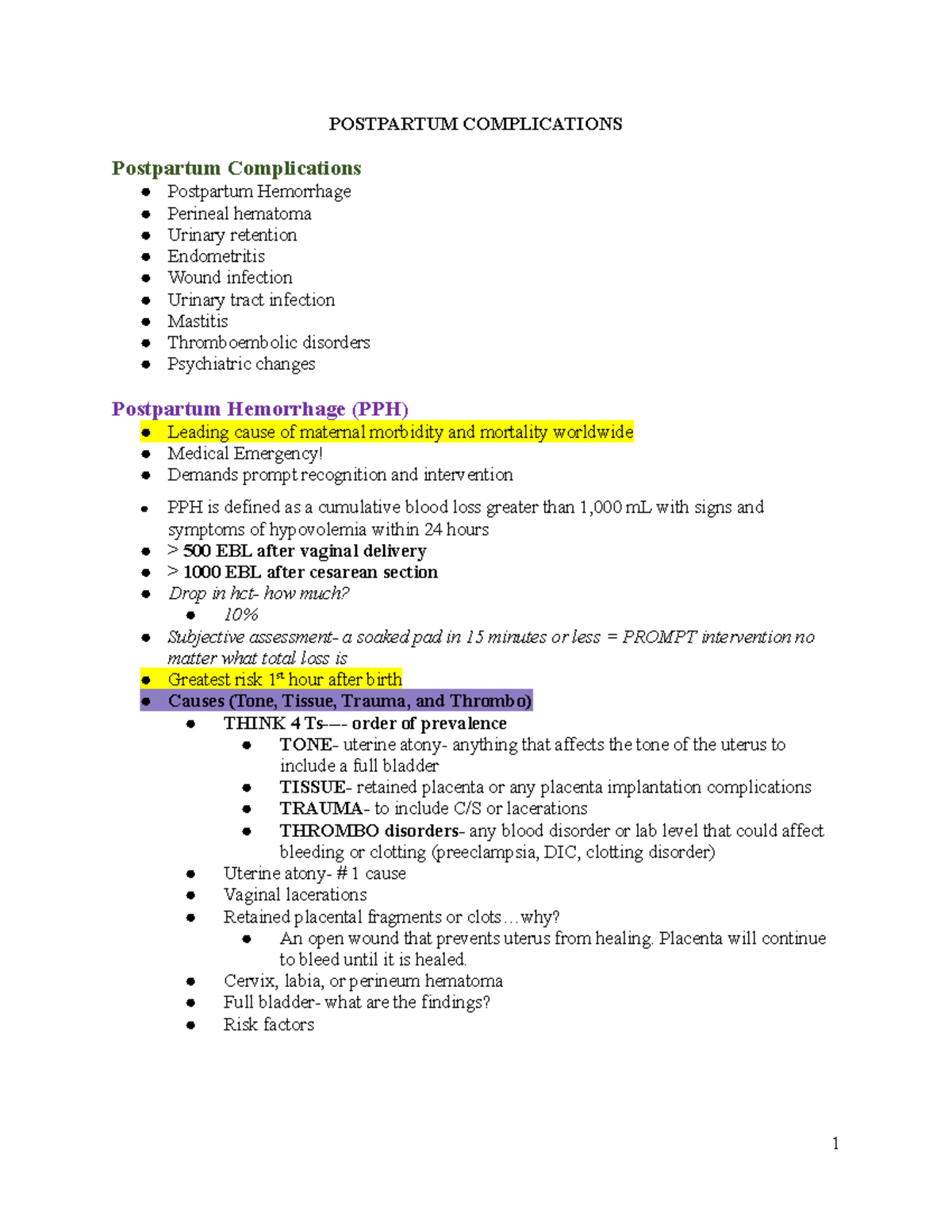 Postpartum Complications Outline - POSTPARTUM COMPLICATIONS Postpartum ...