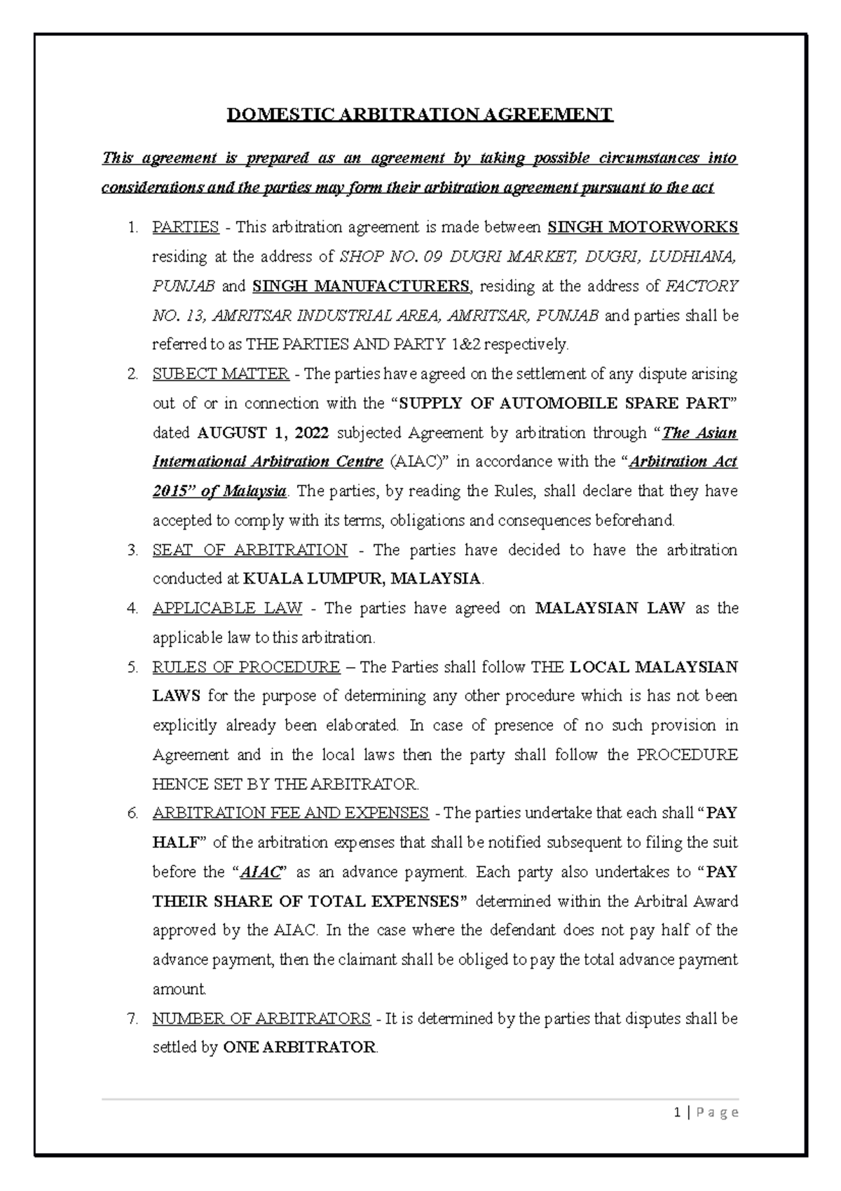 19BBL011 Domestic Arbitration Agreement - DOMESTIC ARBITRATION AGREEMENT This agreement is ...