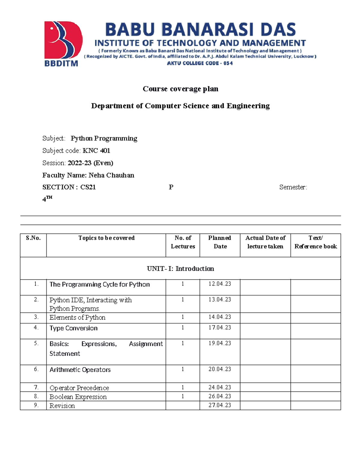 Course coverage plan Python NEHA - Course coverage plan Department of ...