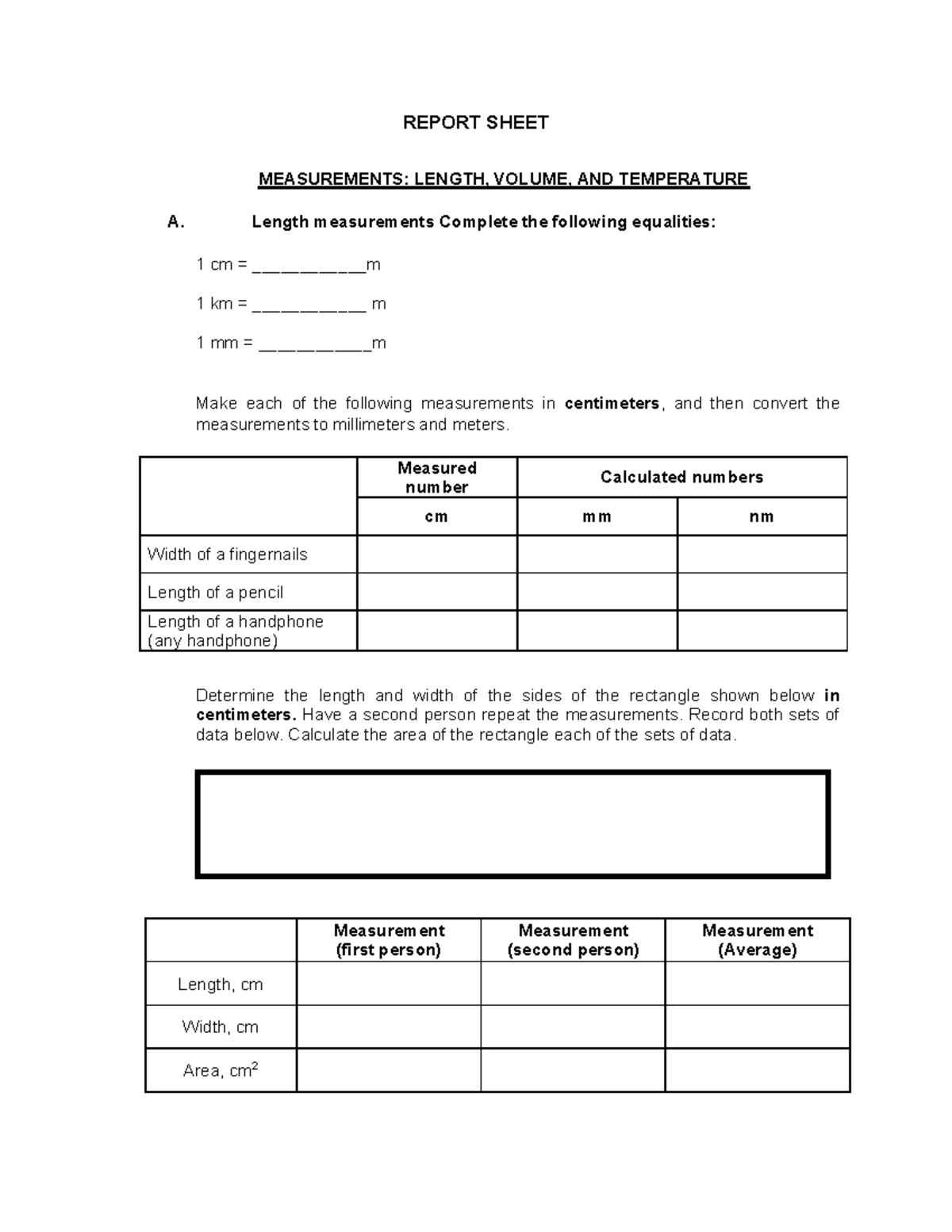 Report sheet - REPORT SHEET MEASUREMENTS: LENGTH, VOLUME, AND ...