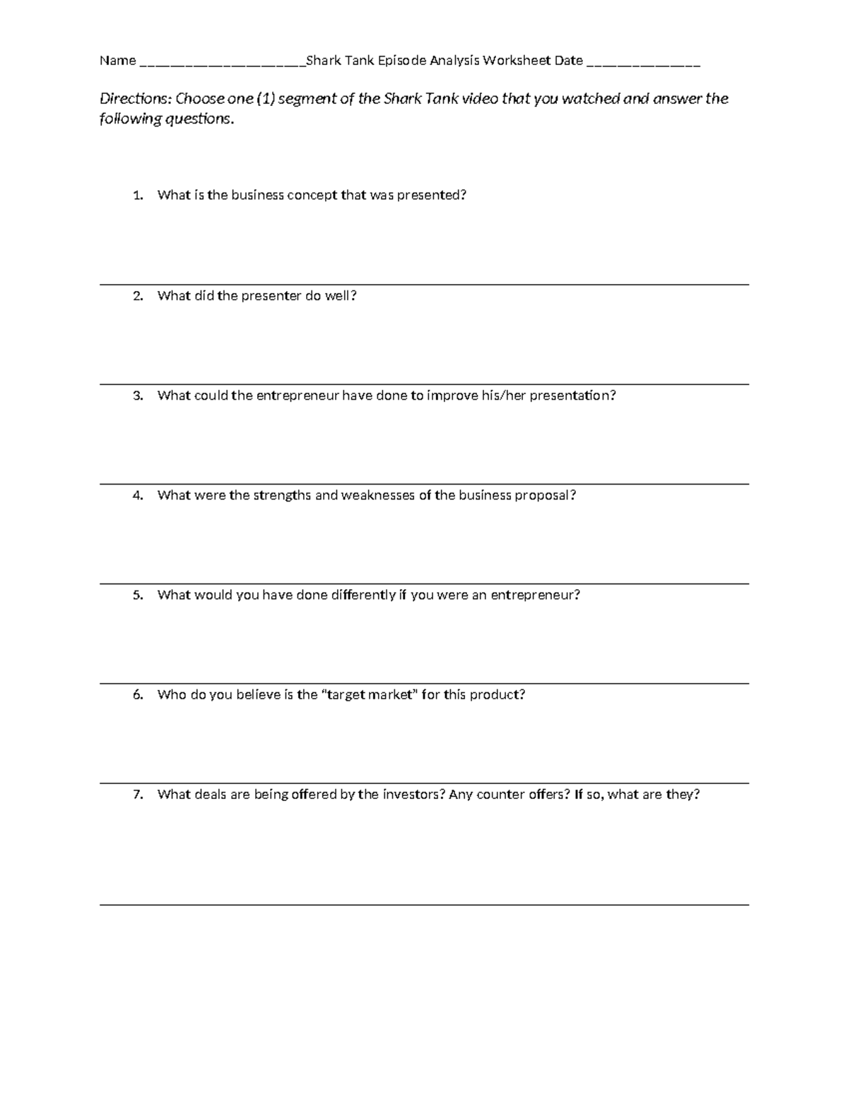Shark Tank analysis worksheet - Name ______________________Shark Tank ...