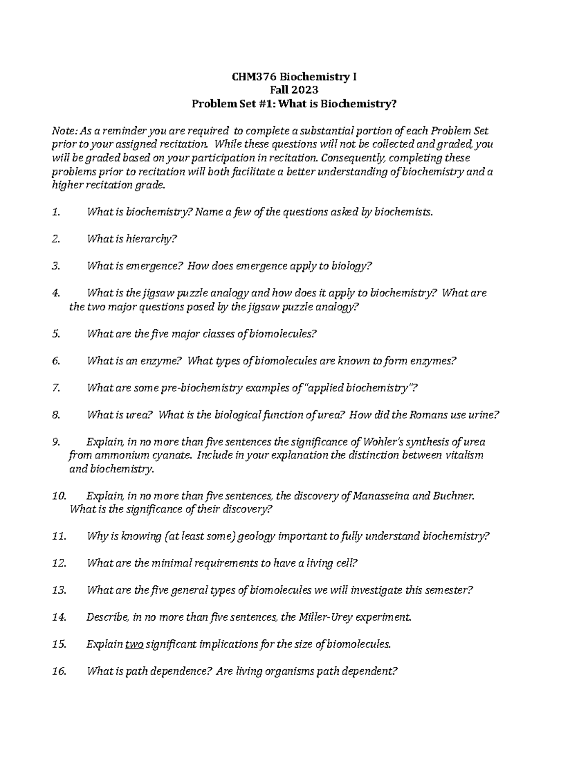 CHM376 Fa23 PS1 - practice sheet for exam practice - CHM376 Biochemistry I Fall 2023 Problem Set ...