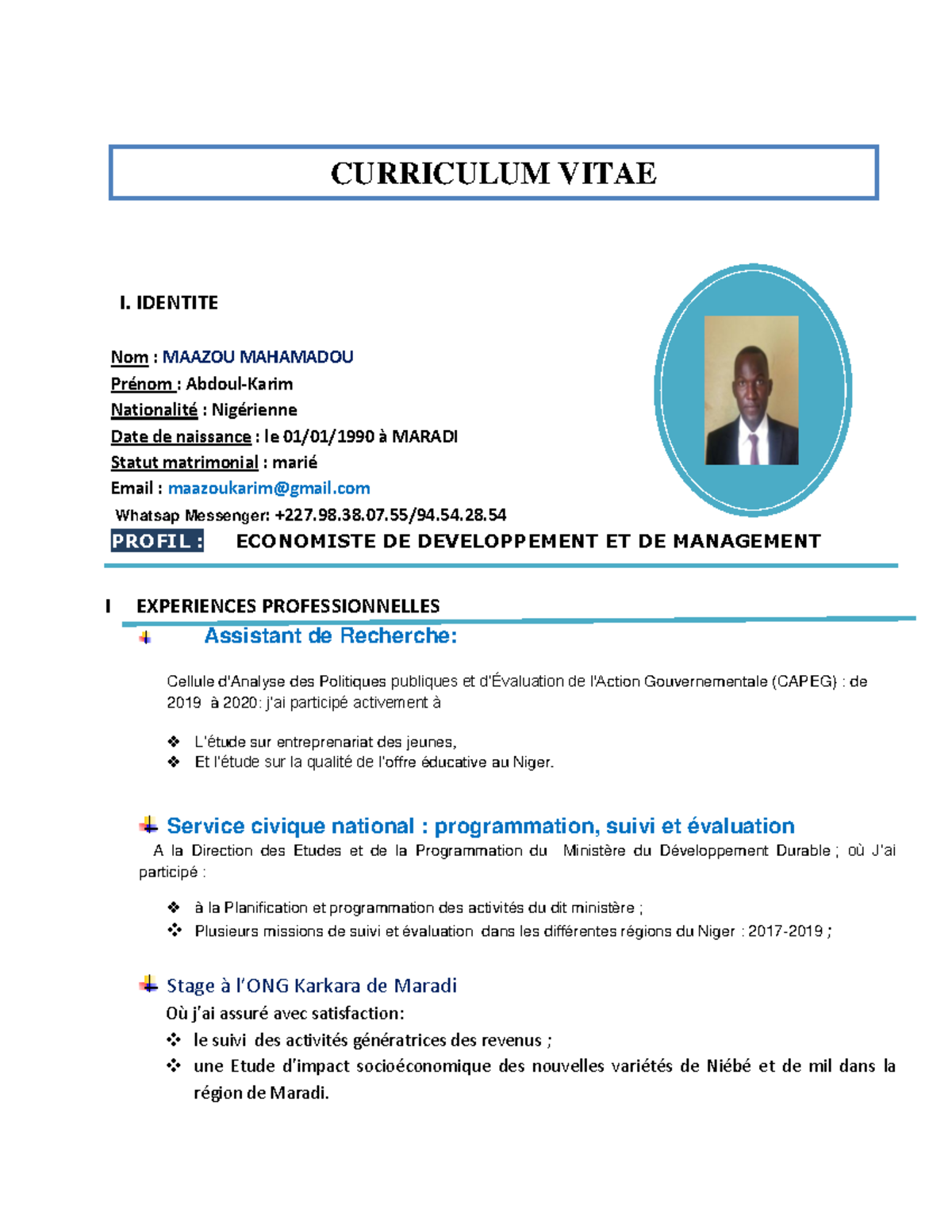 Copie de CV karim - I. IDENTITE Nom : MAAZOU MAHAMADOU Prénom : Abdoul-Karim Nationalité : - Studocu
