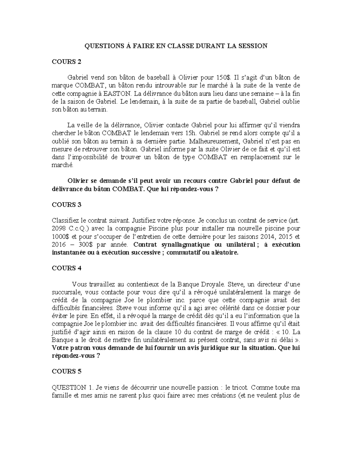 Questions à faire en classe - DRT100 - QUESTIONS À FAIRE EN CLASSE ...