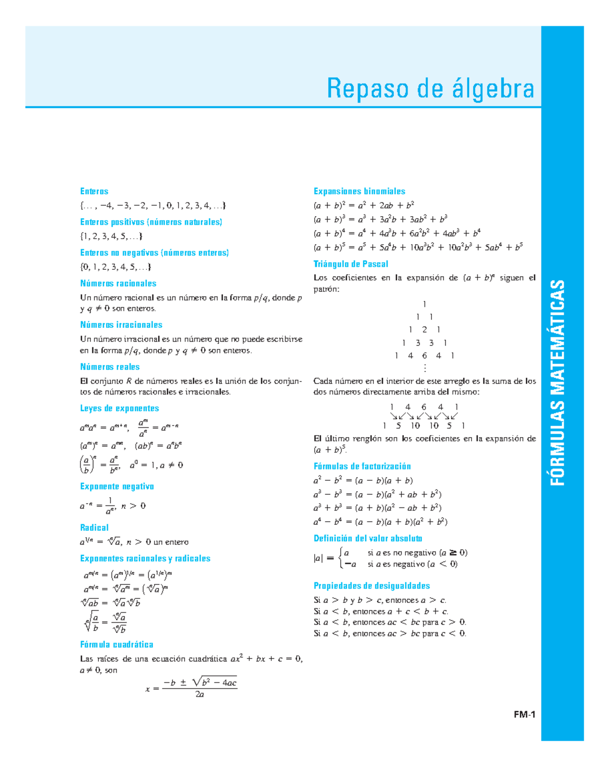 Formulas Matemáticas - Repaso de álgebra Enteros { } Enteros positivos (números naturales ...