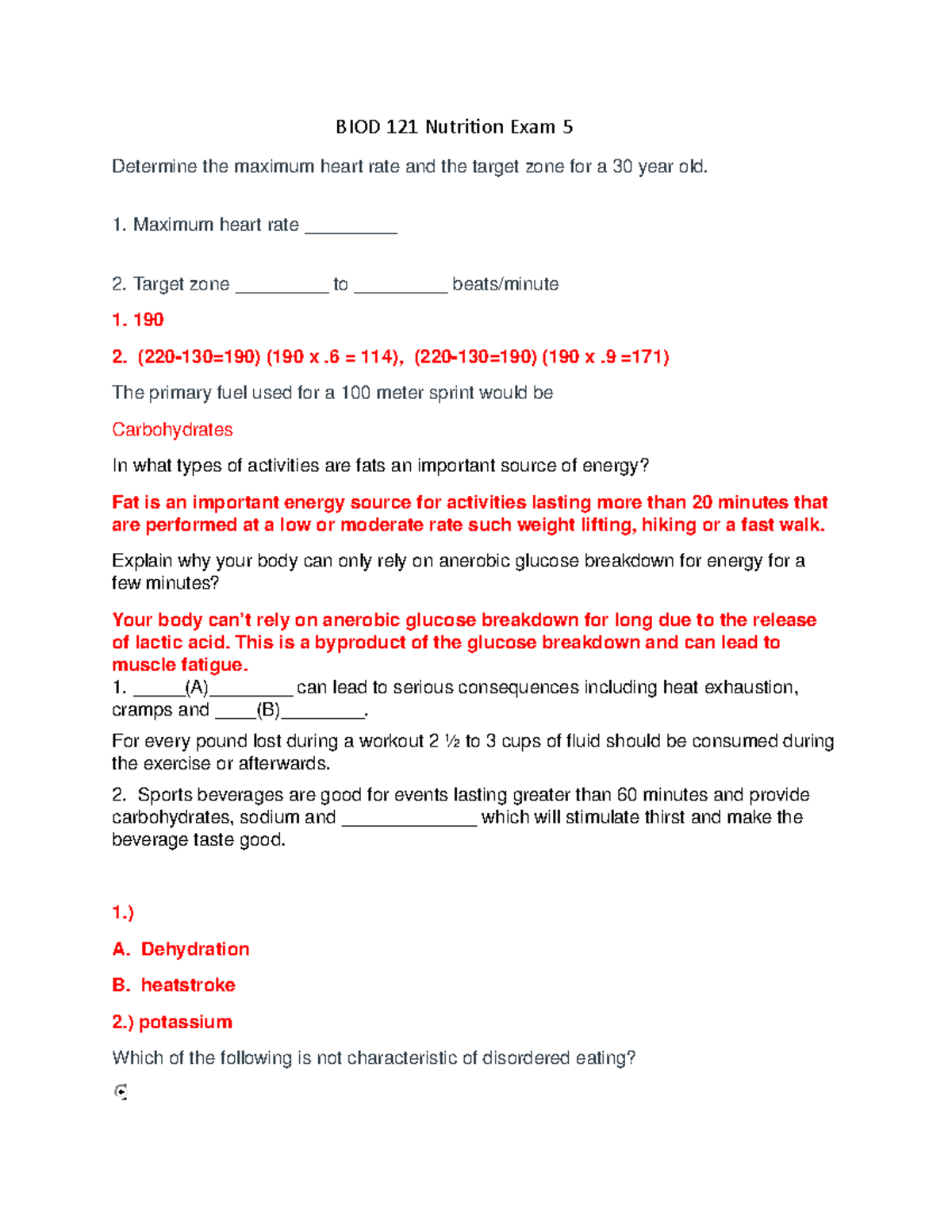 BIOD 121 Nutrition Exam 5 - BIOD 121 Nutrition Exam 5 Determine the ...